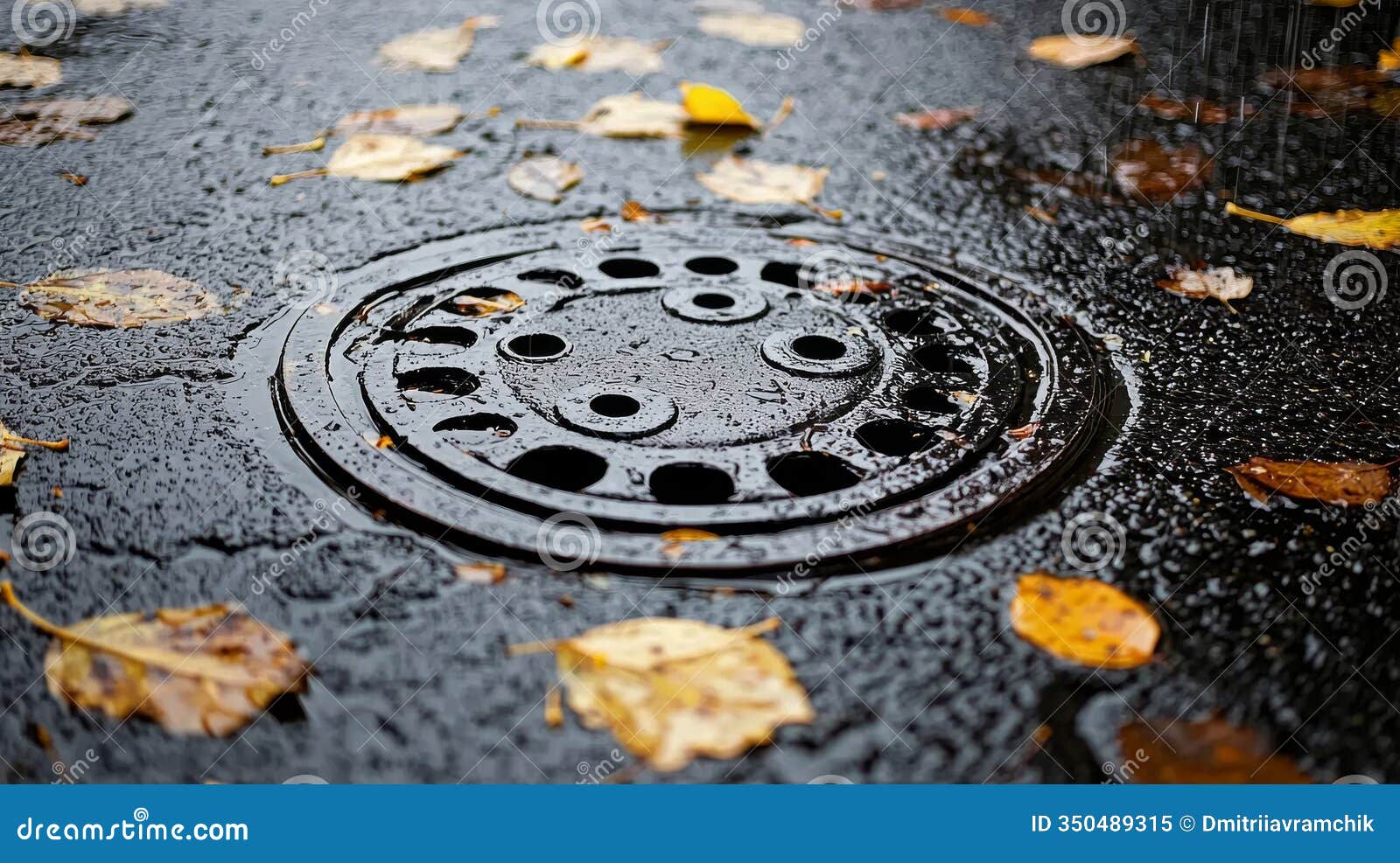 Running Water from a Storm Drain Over Wet Pavement. Stock Image - Image ...