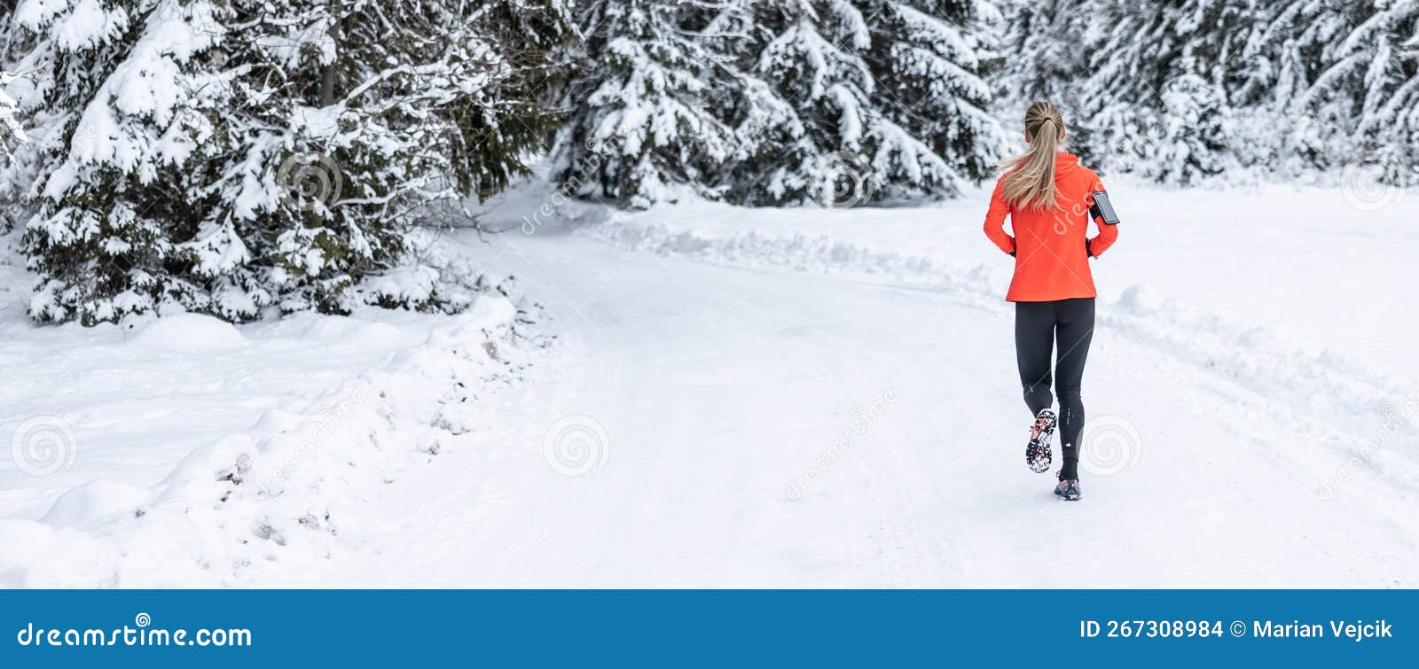 Running in Winter, Rear View of a Female Runner on a Snowy Path in a ...