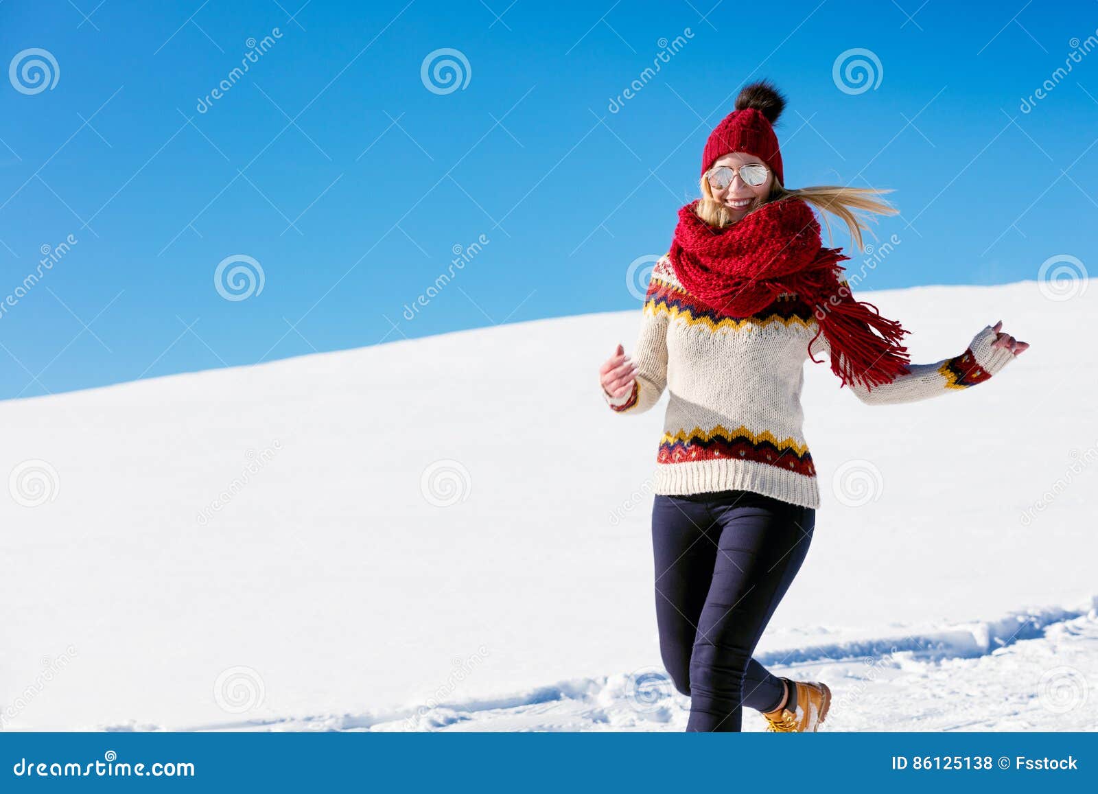 Running Woman Runner in Winter Mountains on Snow. Stock Photo - Image ...
