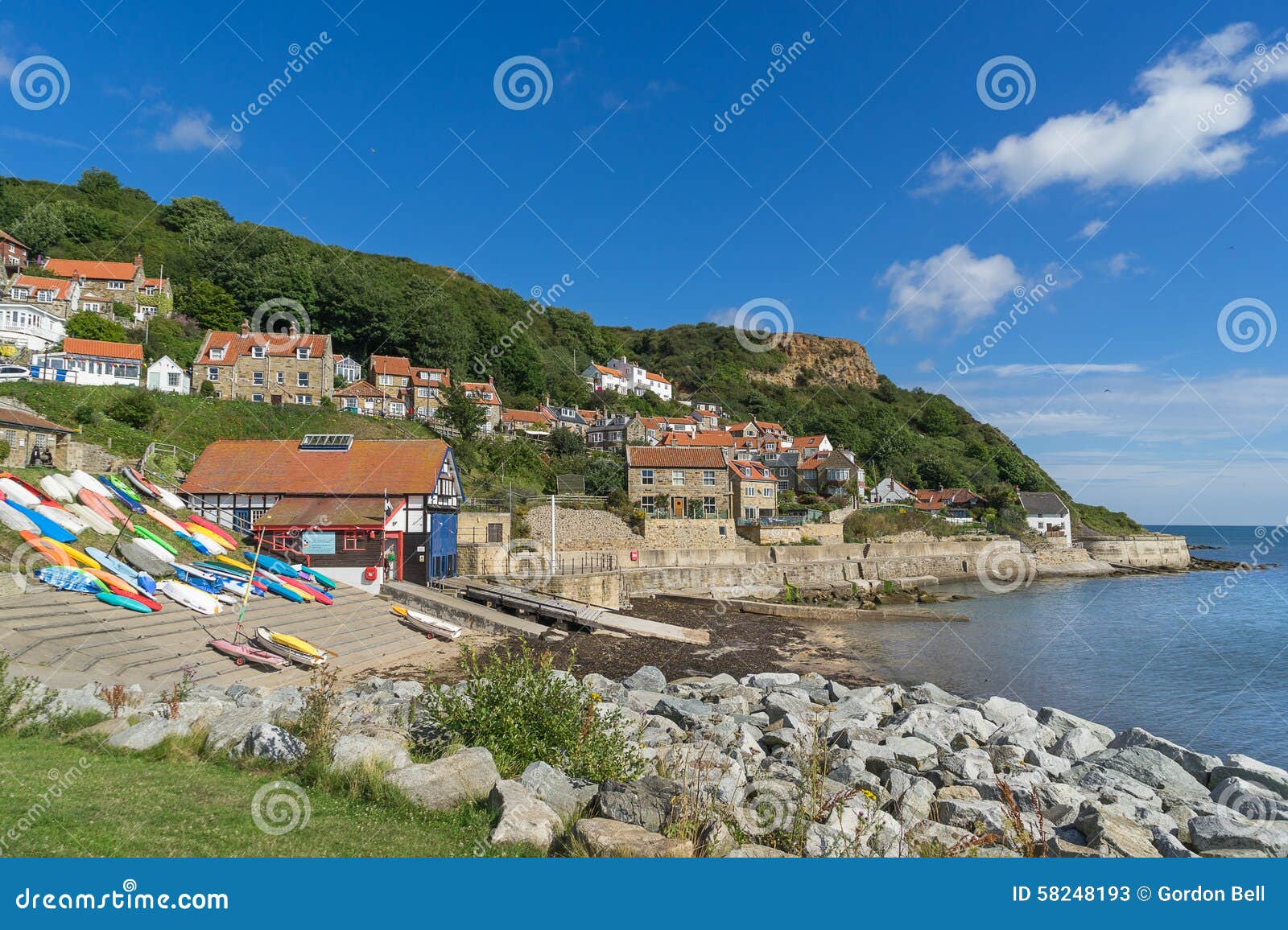 Runswick Bay stock image. Image of beach, east, boats - 58248193