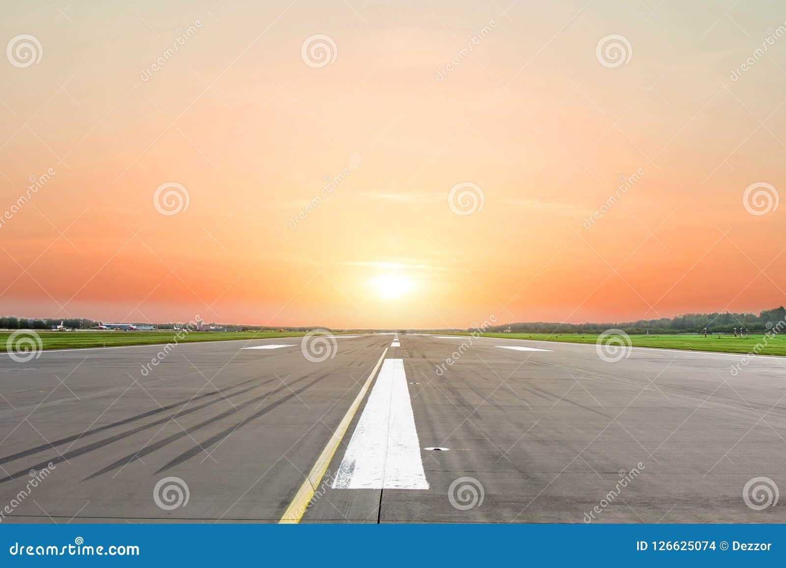Runway at the Airport in the Evening Sunset Sun Light. Stock Photo ...