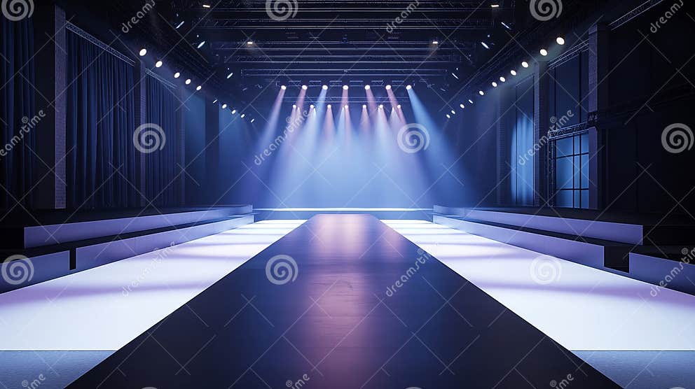 A Runway with a Blue Backdrop and Lights Shining on it. Stage ...