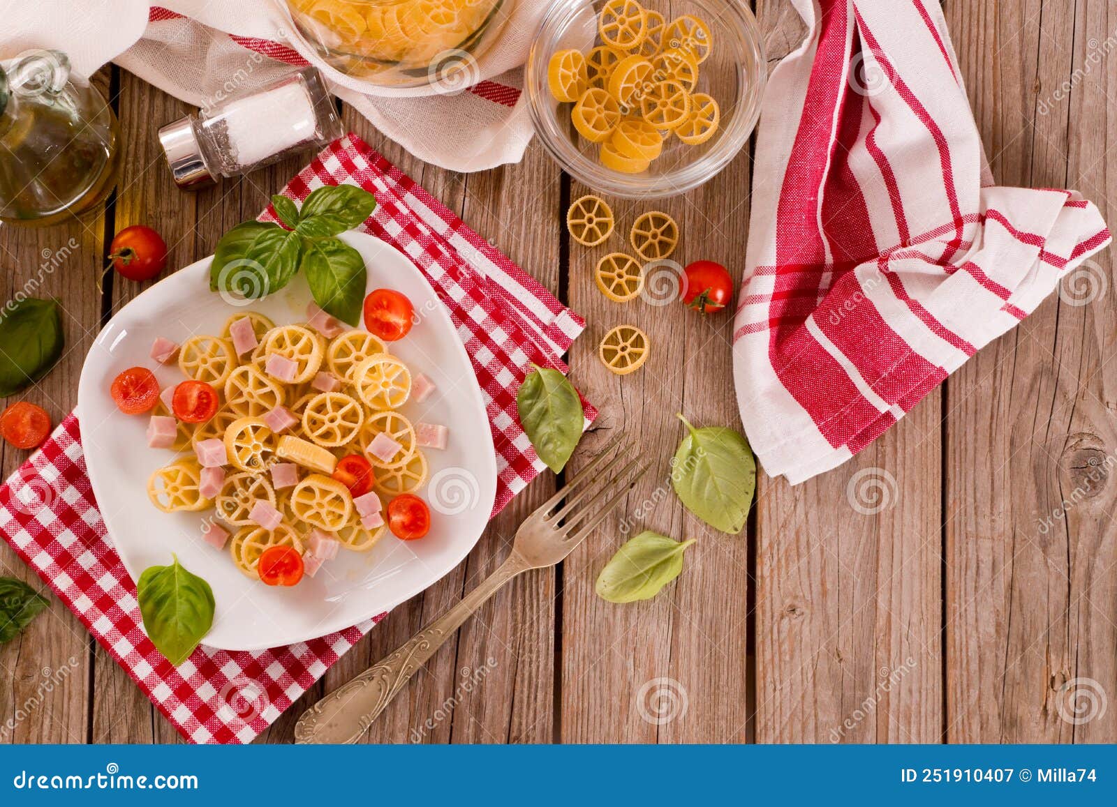 Ruote Pasta with Tomato and Ham. Stock Image - Image of homemade ...