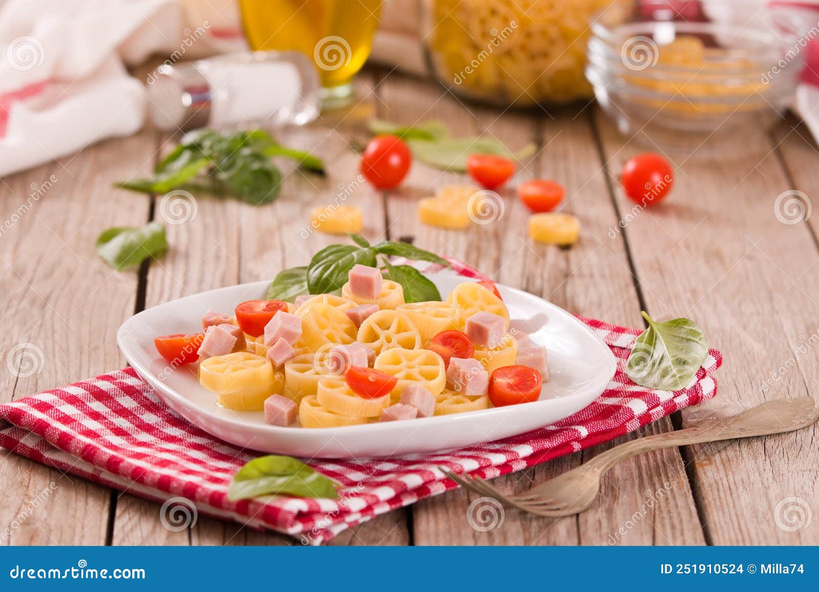 Ruote Pasta with Tomato and Ham. Stock Photo - Image of lunch, health ...