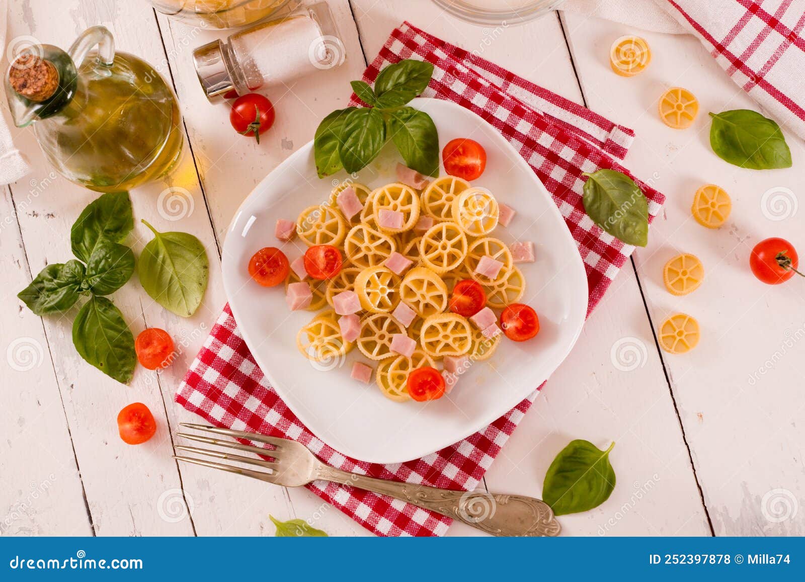 Ruote Pasta with Tomato and Ham. Stock Photo - Image of green, food ...
