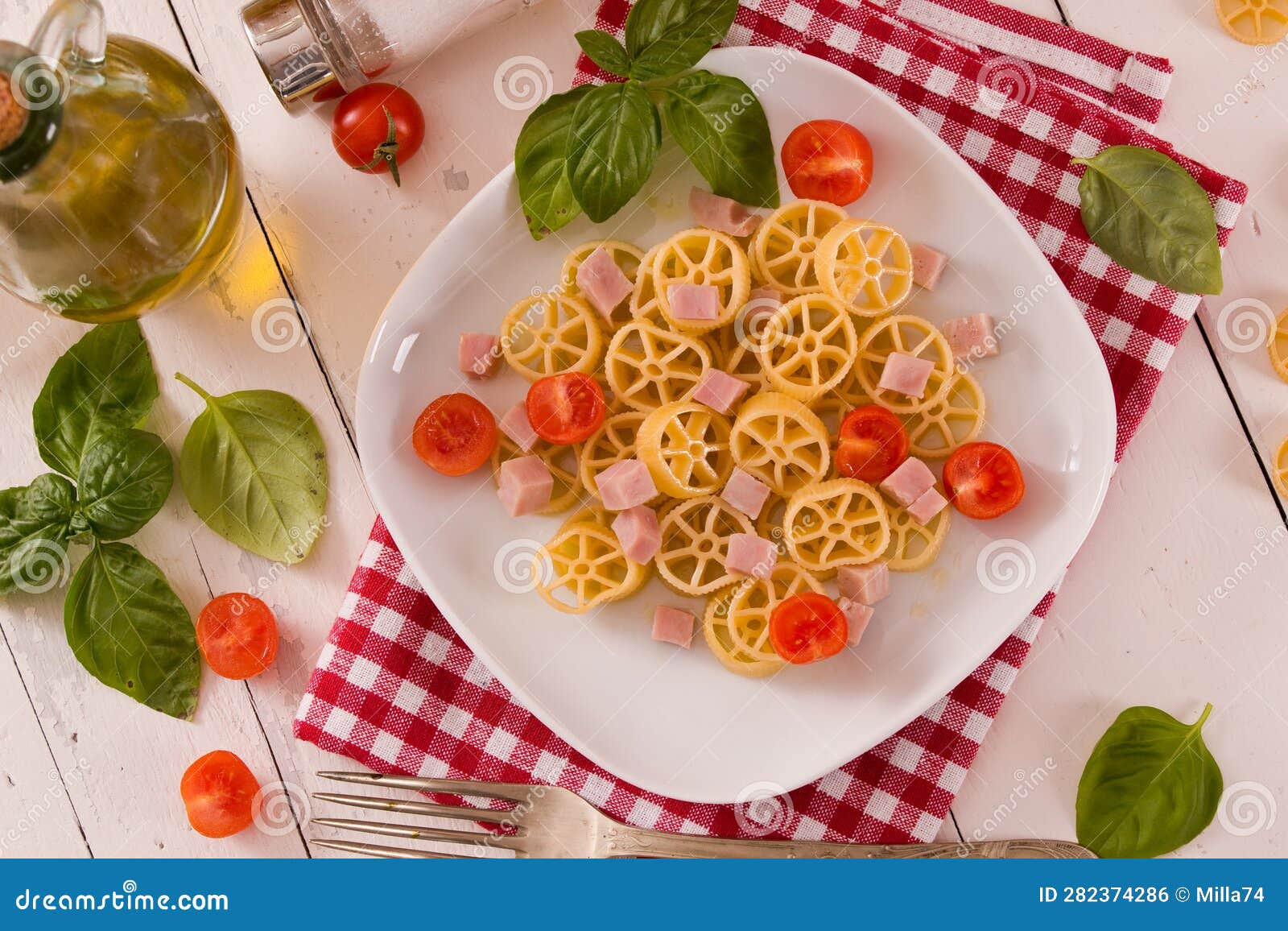 Ruote Pasta with Tomato and Ham. Stock Photo - Image of cold, appetizer ...