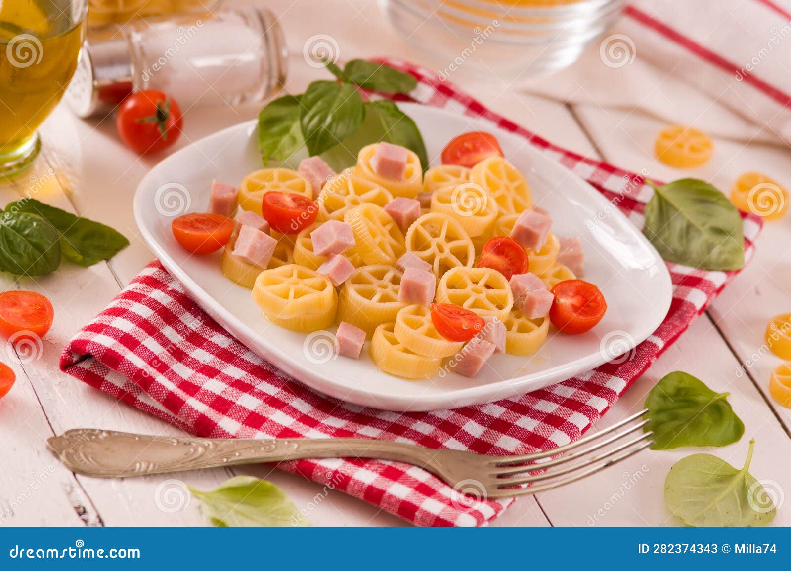 Ruote Pasta with Tomato and Ham. Stock Image - Image of lunch ...