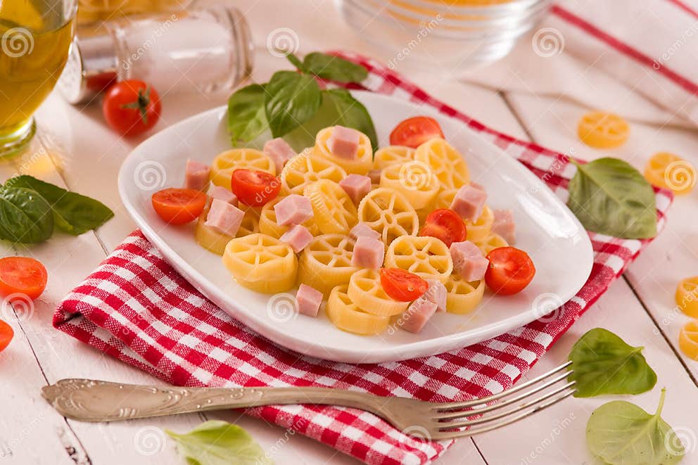 Ruote Pasta with Tomato and Ham. Stock Image - Image of lunch ...