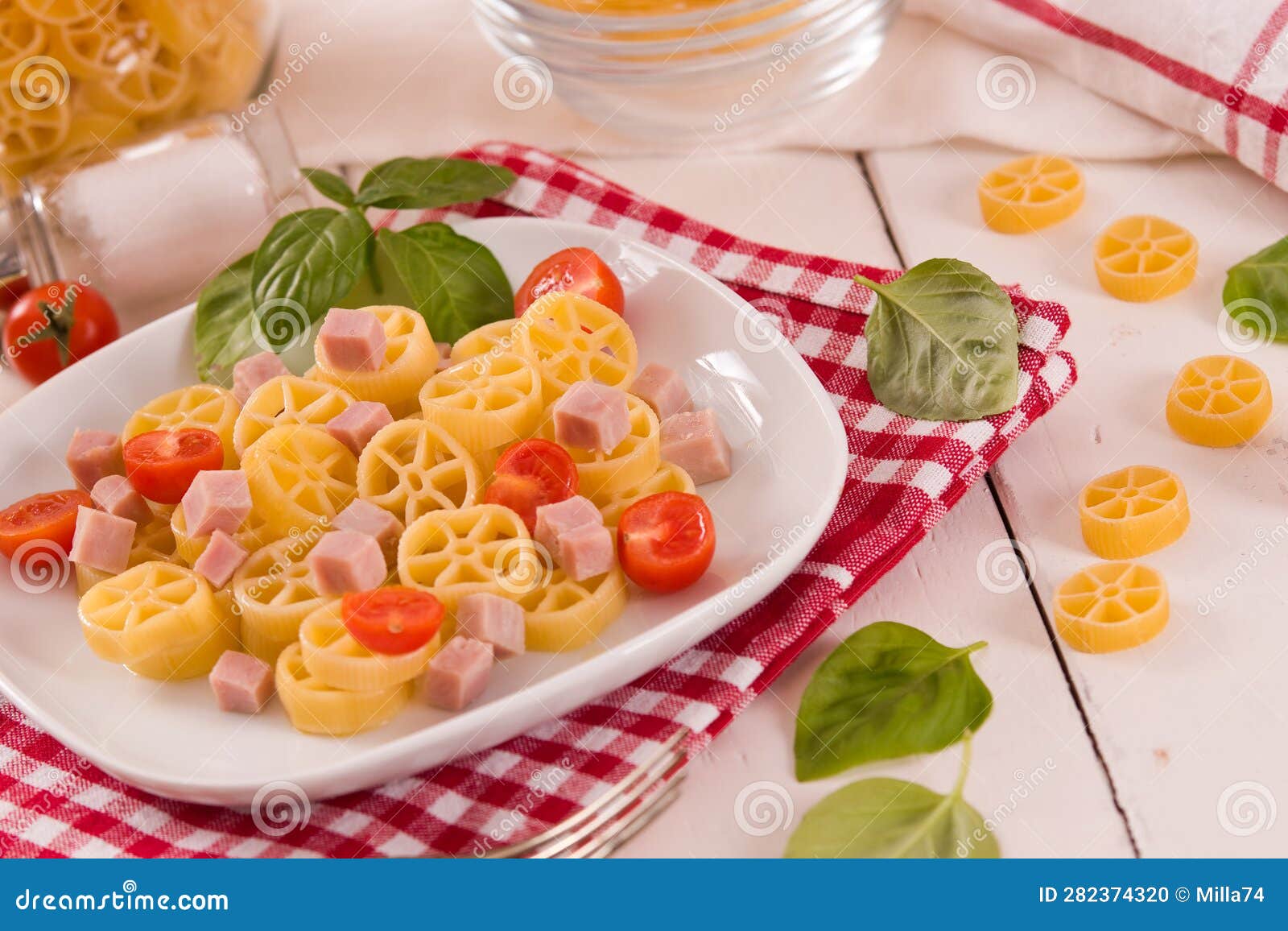 Ruote Pasta with Tomato and Ham. Stock Photo - Image of healthy, lunch ...