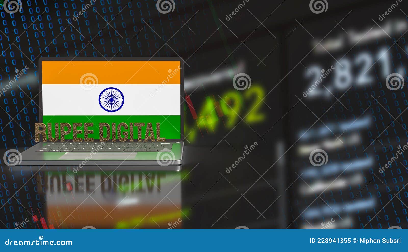 The Rupee Digital and India Flag on Notebook for Technology and ...
