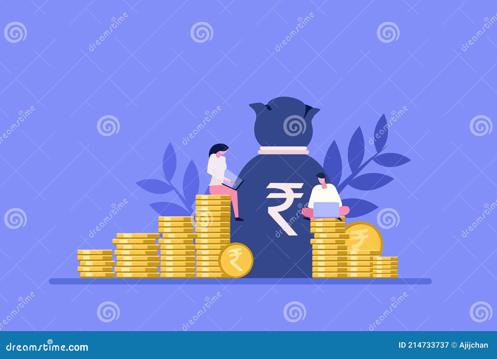 Financial Experts Sitting On Stacks Of Rupee Coins And A Big Money Bag ...