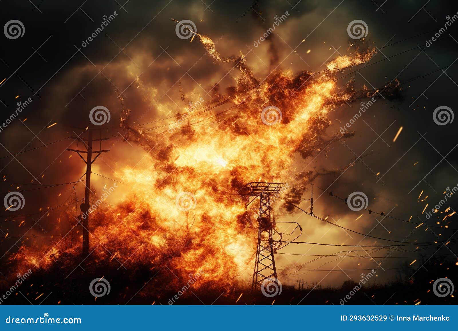 The Rupture of a Power Line Causing Sparks To Emanate from the Severed ...