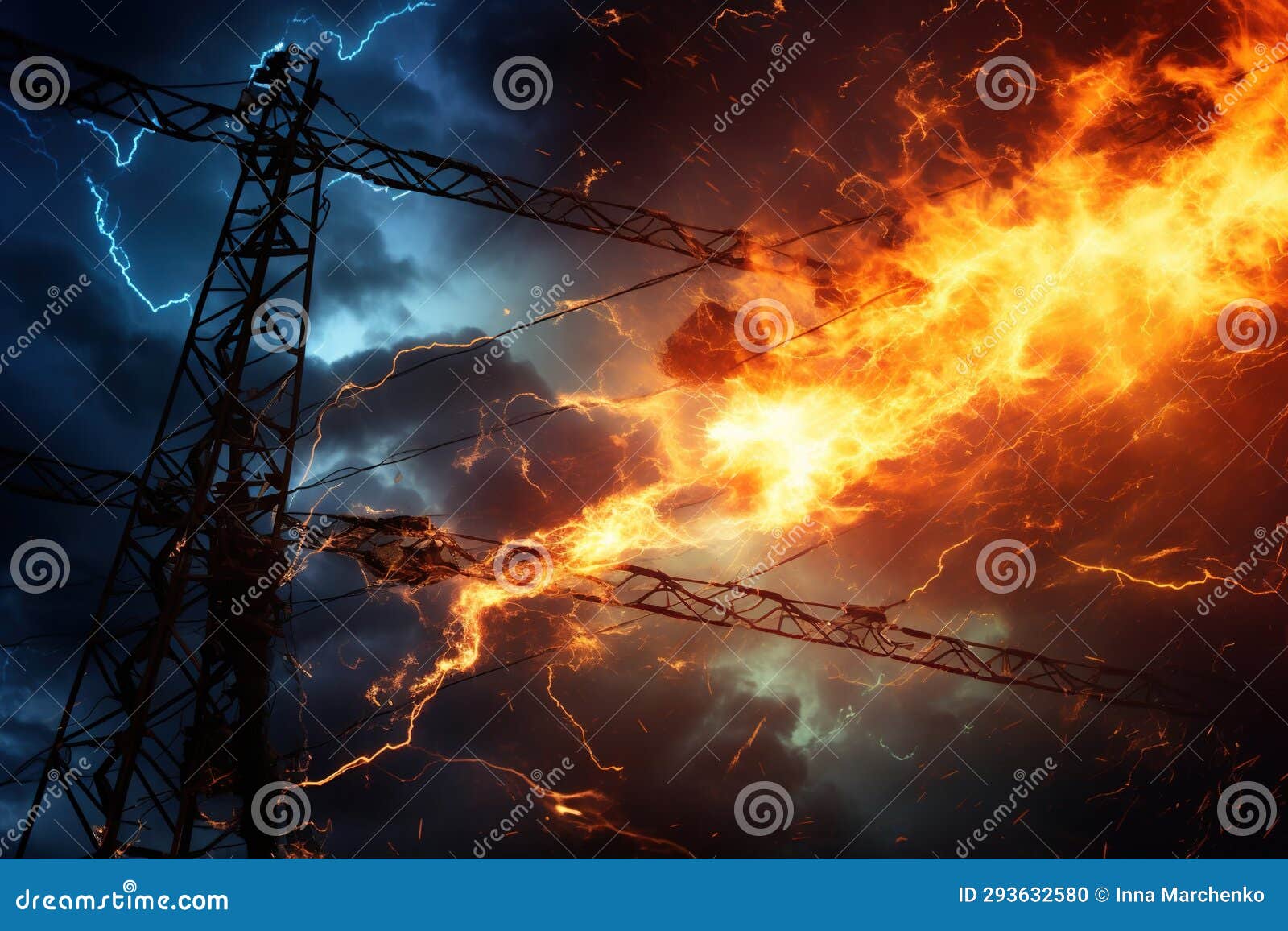 The Rupture of a Power Line Causing Sparks To Emanate from the Severed ...