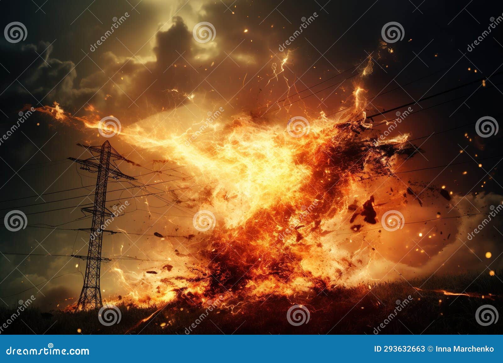 The Rupture Of A Power Line Causing Sparks To Emanate From The Severed ...