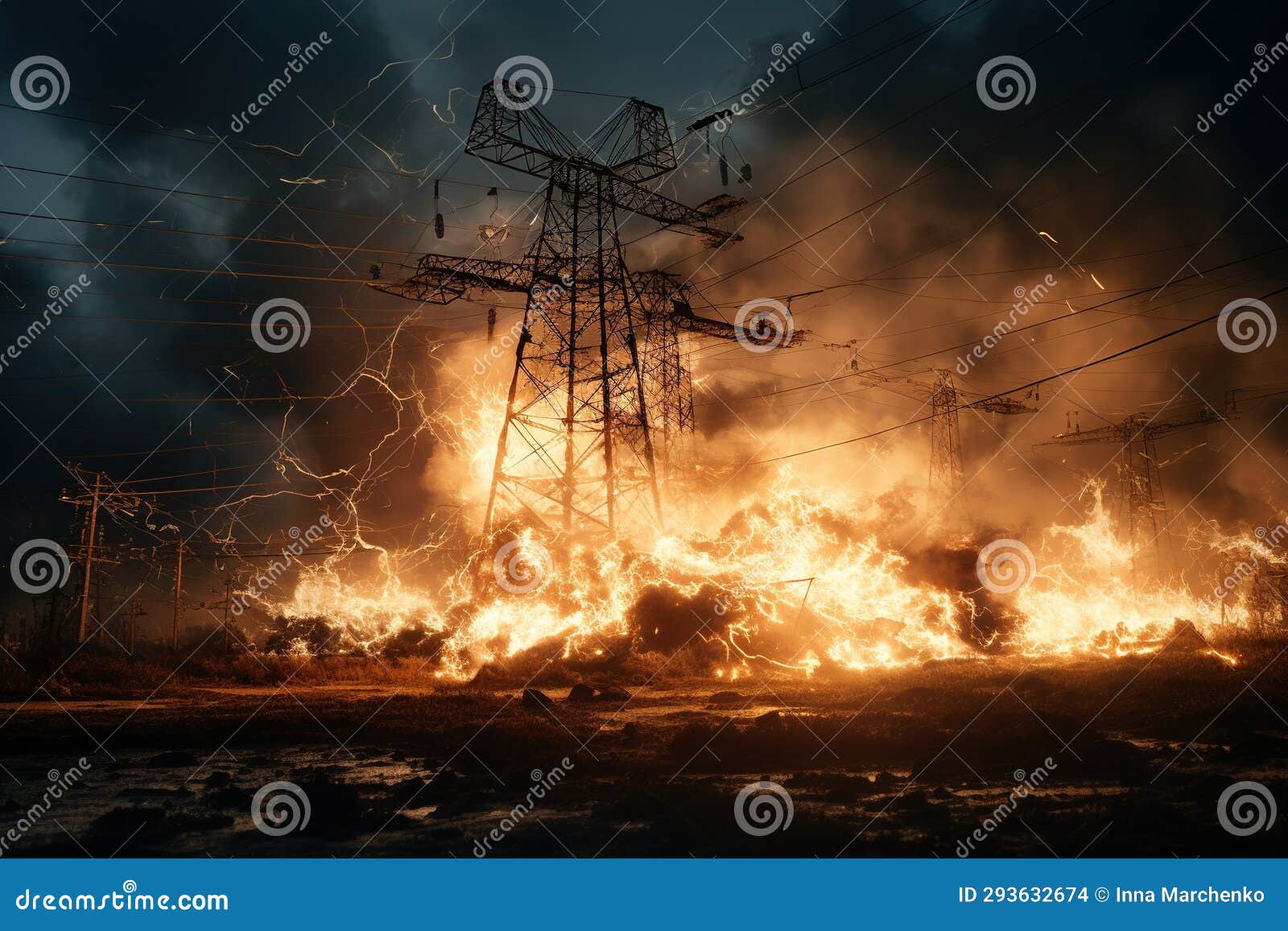 The Rupture of a Power Line Causing Sparks To Emanate from the Severed ...