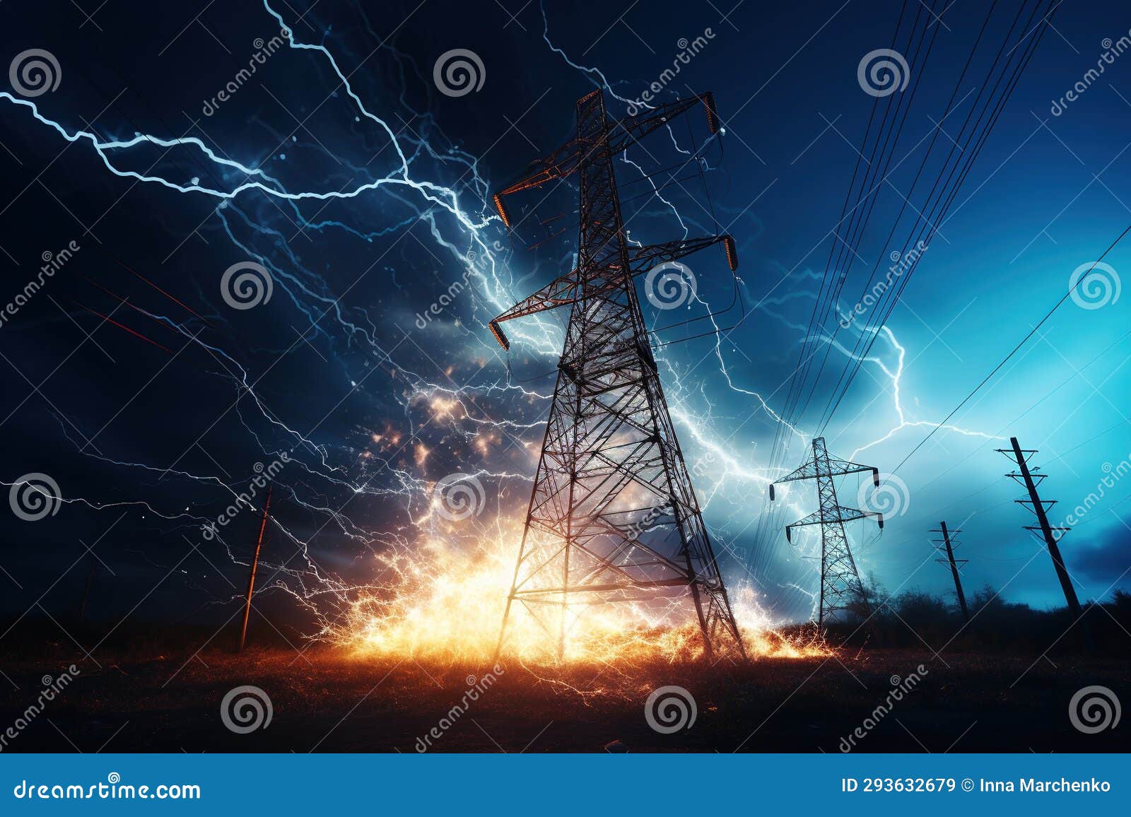 The Rupture of a Power Line Causing Sparks To Emanate from the Severed ...