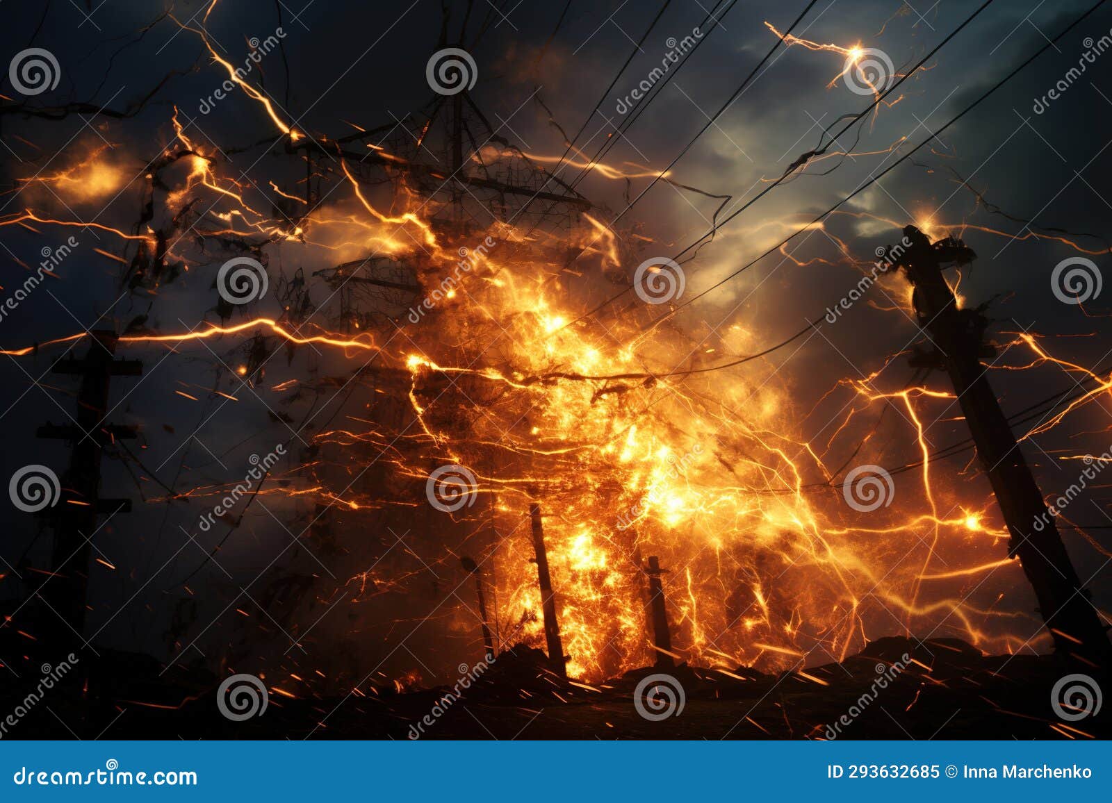 The Rupture of a Power Line Causing Sparks To Emanate from the Severed ...