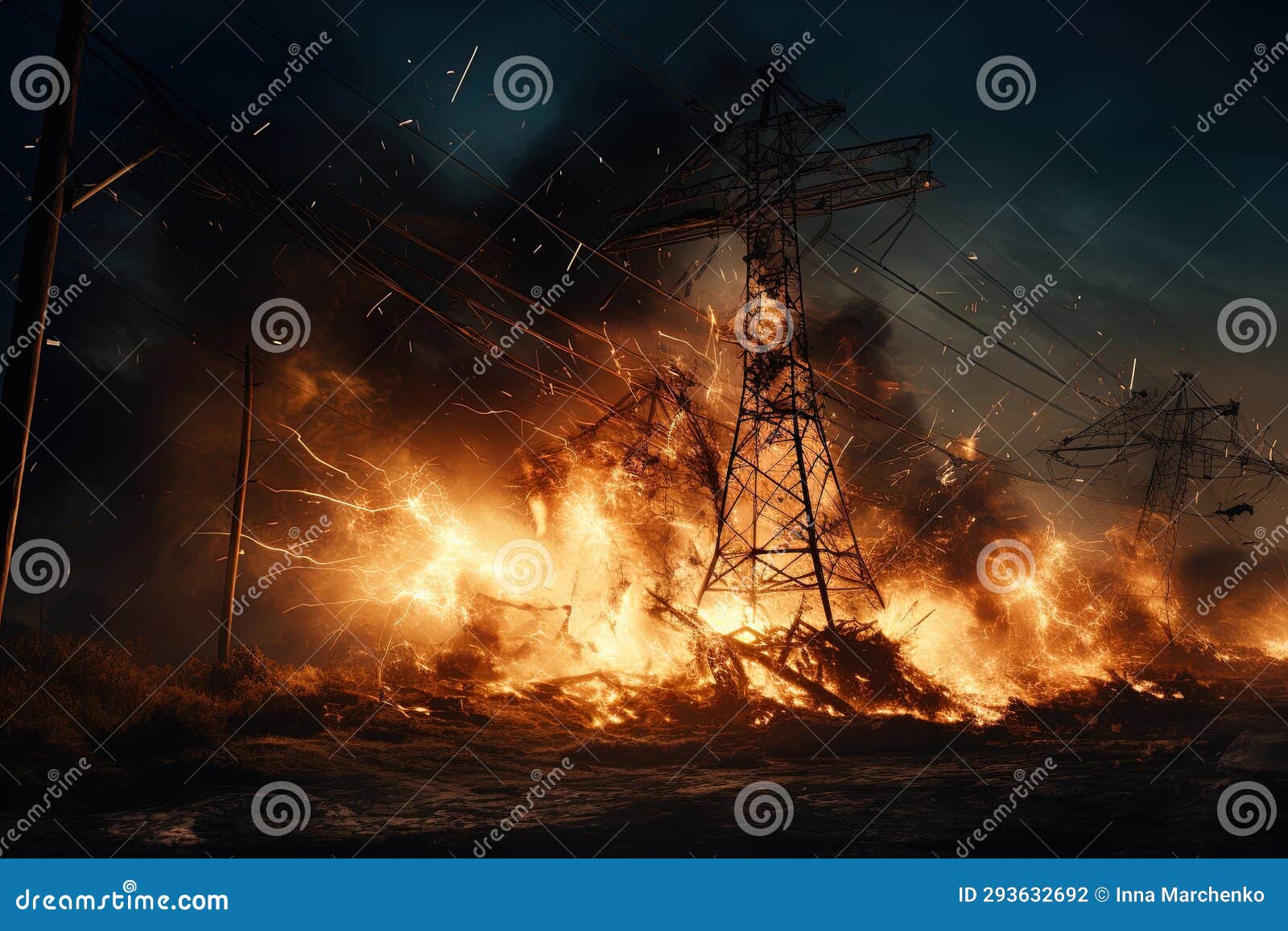 The Rupture of a Power Line Causing Sparks To Emanate from the Severed ...