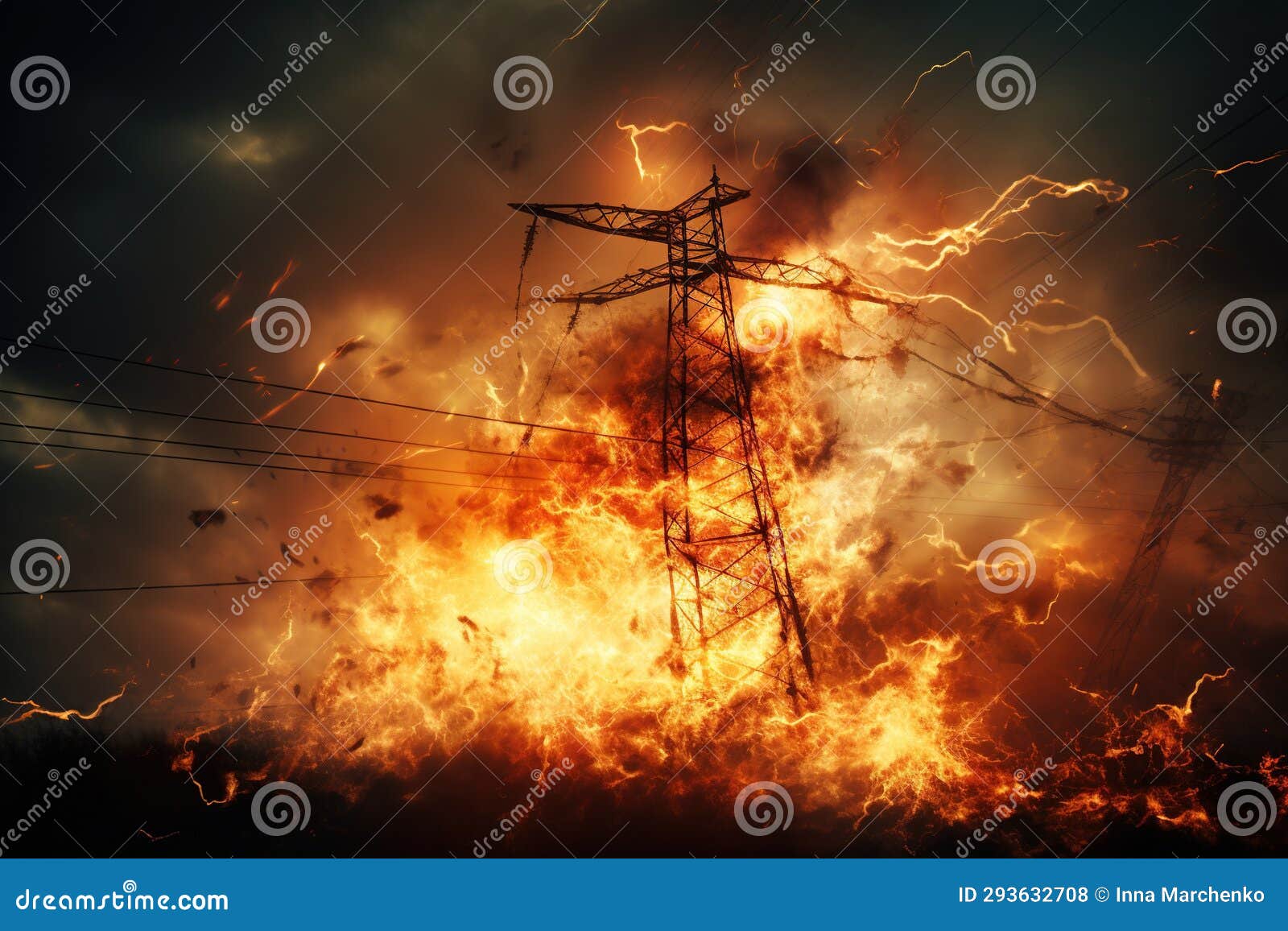The Rupture of a Power Line Causing Sparks To Emanate from the Severed ...