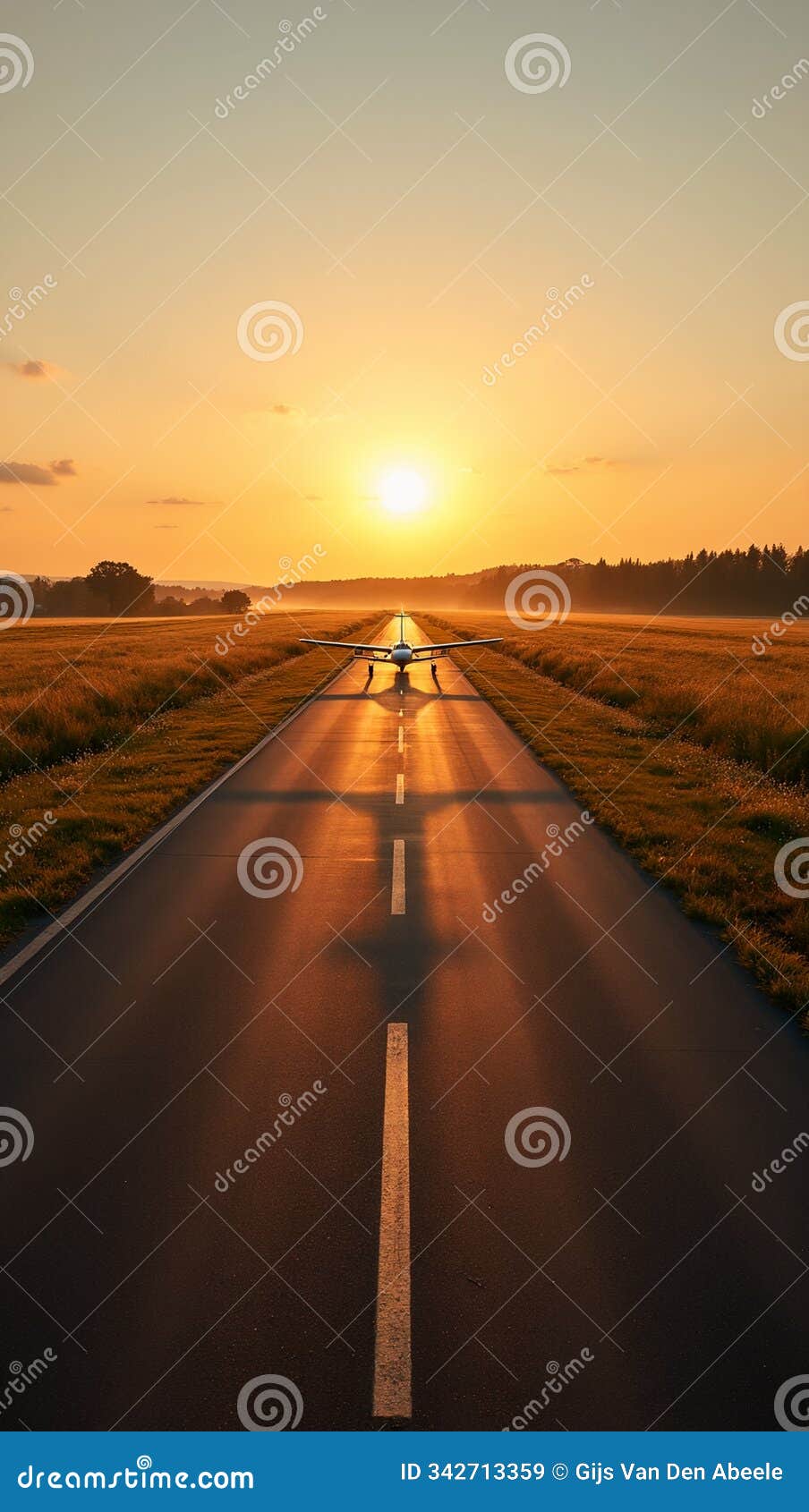 Rural Airfield Runway with Small Airplane at Sunset Stock Illustration ...