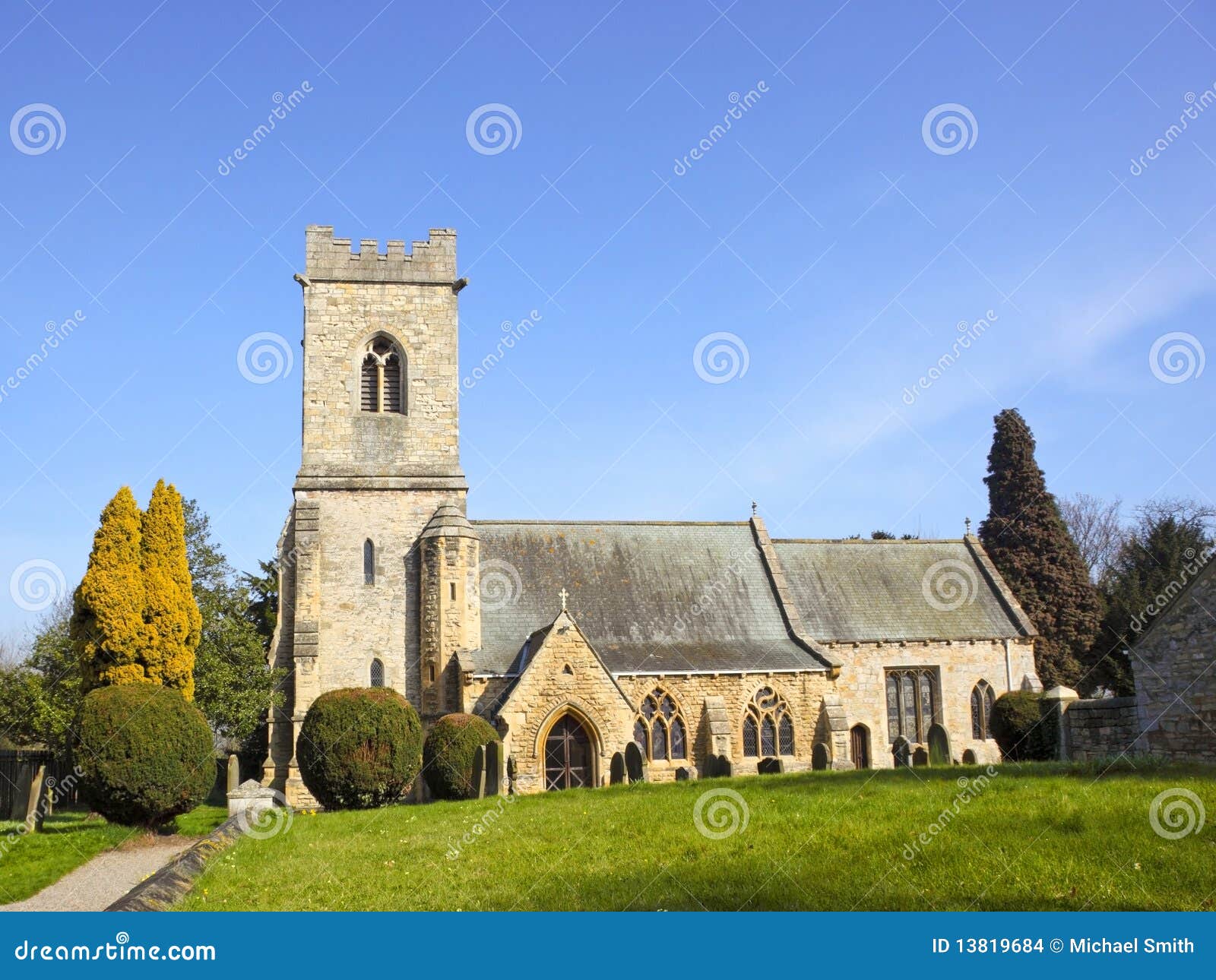 Rural church in springtime stock photo. Image of conifers - 13819684