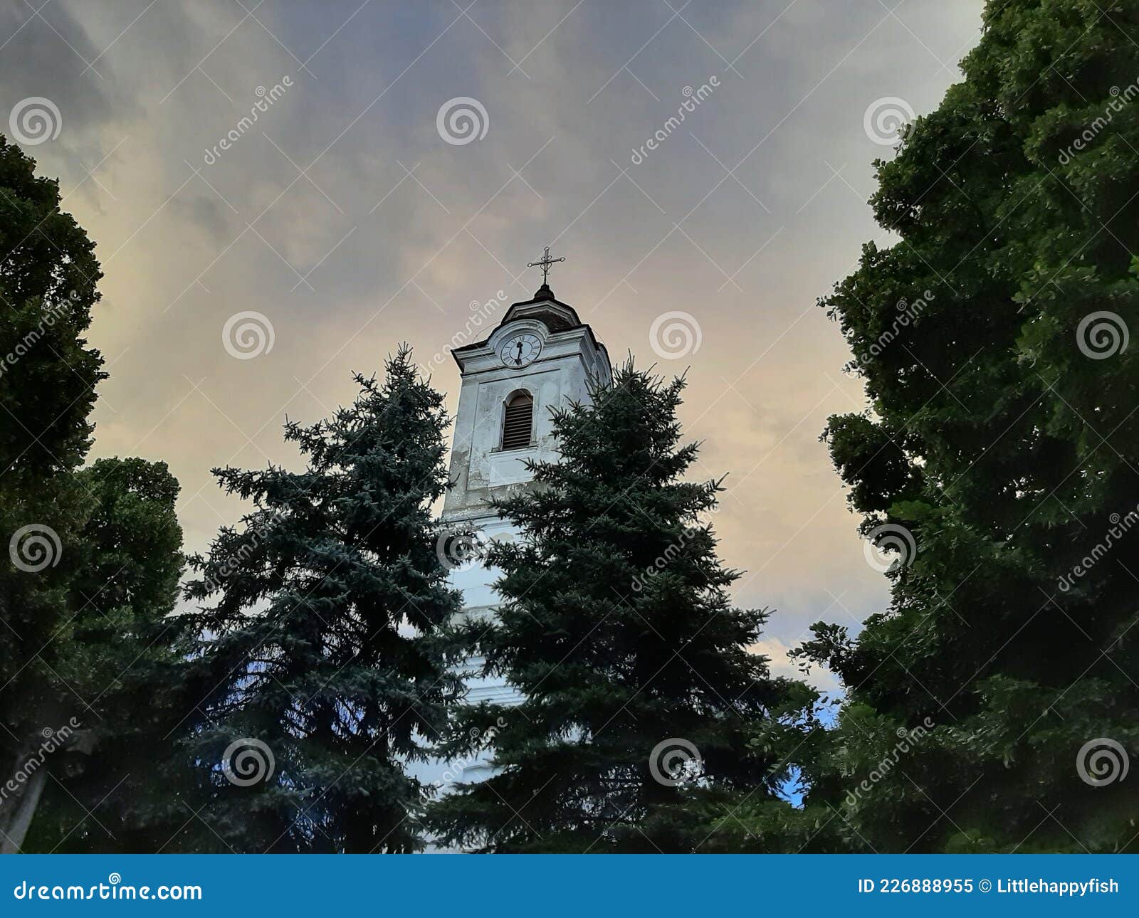 Rural Church Tower with Pine Trees Stock Image - Image of clock, pine ...