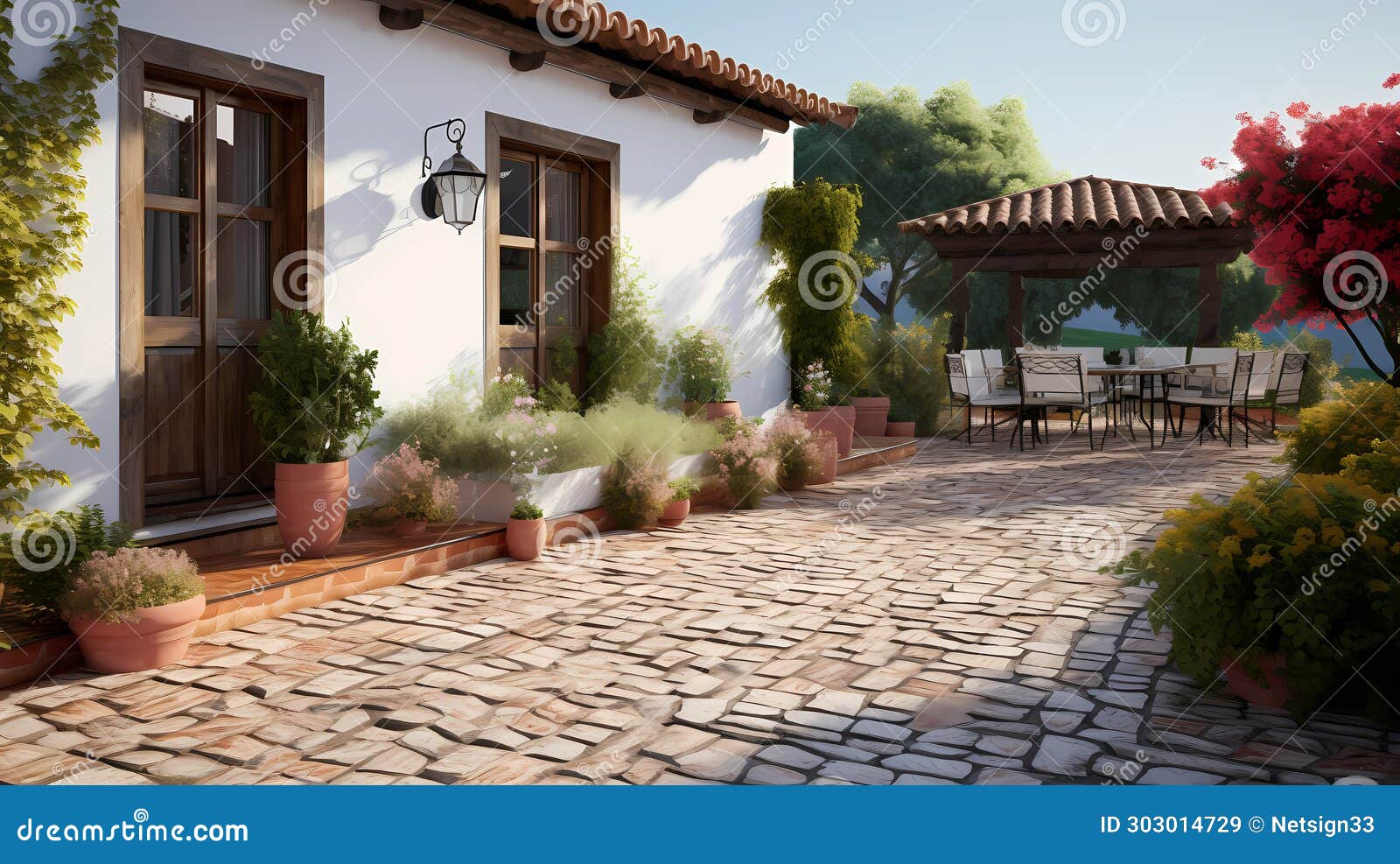 Rural Courtyard, a Brick Patio with a White Building and Chairs Stock ...