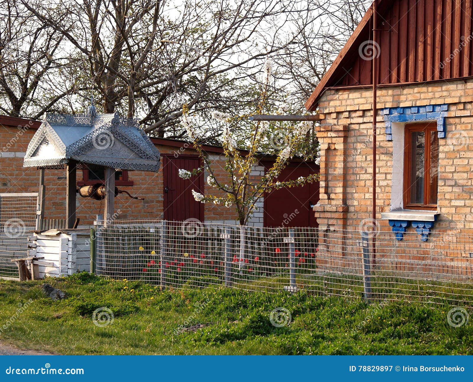 Rural Farmstead in the Spring Stock Image - Image of brick, bench: 78829897