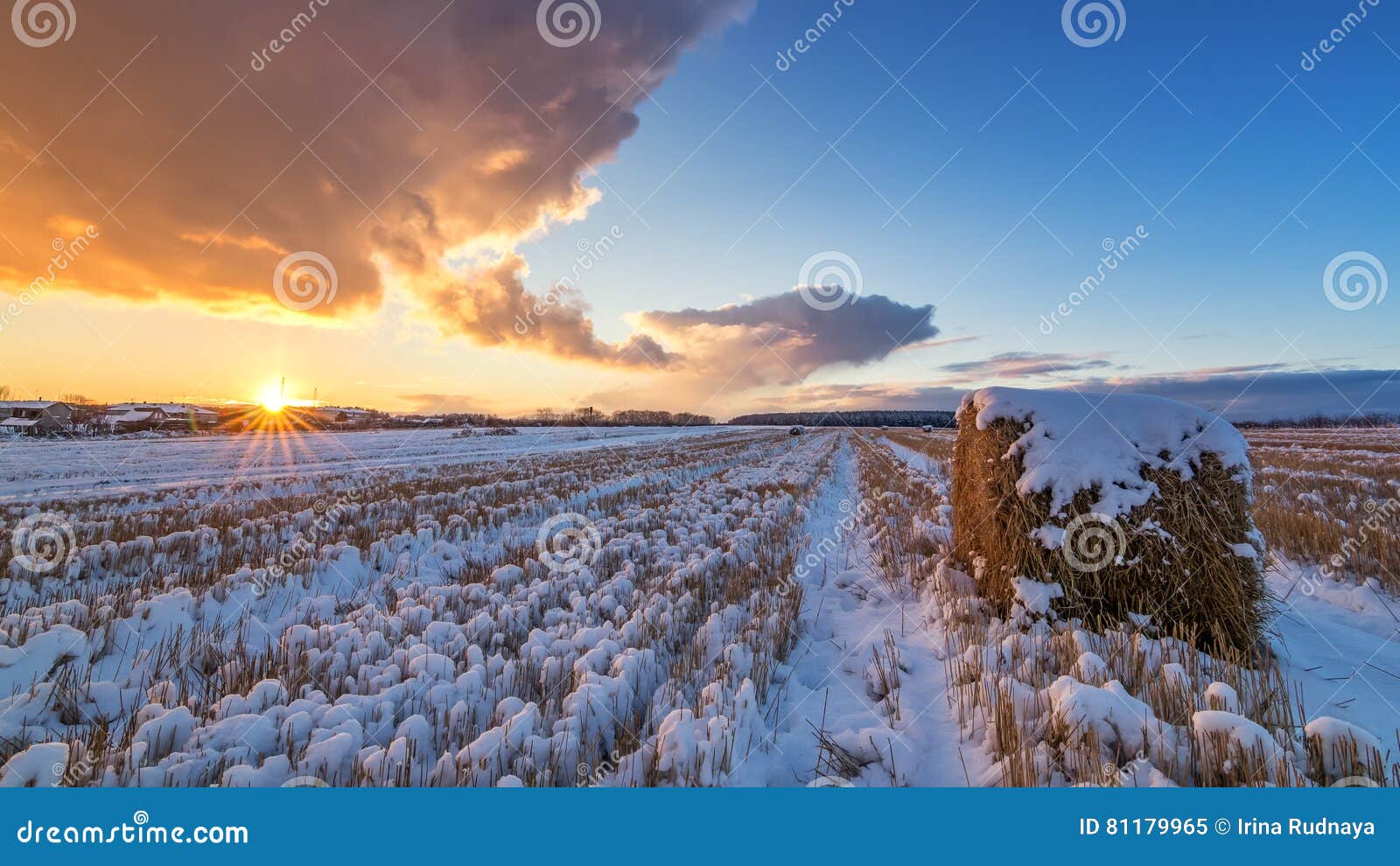 Rural Field with Cut Grass, a Haystack and the First Snow, Russia, Ural ...