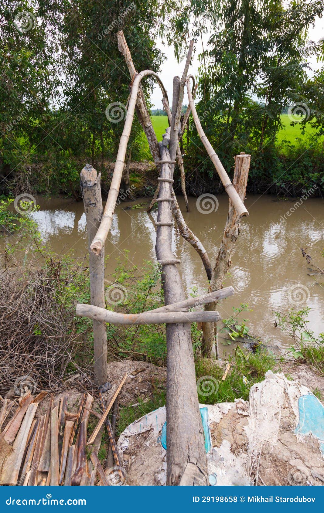Rural Footbridge of Sticks and Tree Branches Stock Photo - Image of ...