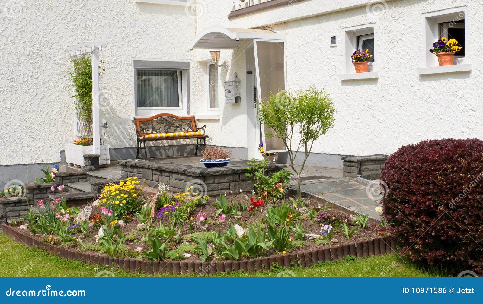 Rural German House Entrance Stock Photo - Image of tulips, bench: 10971586