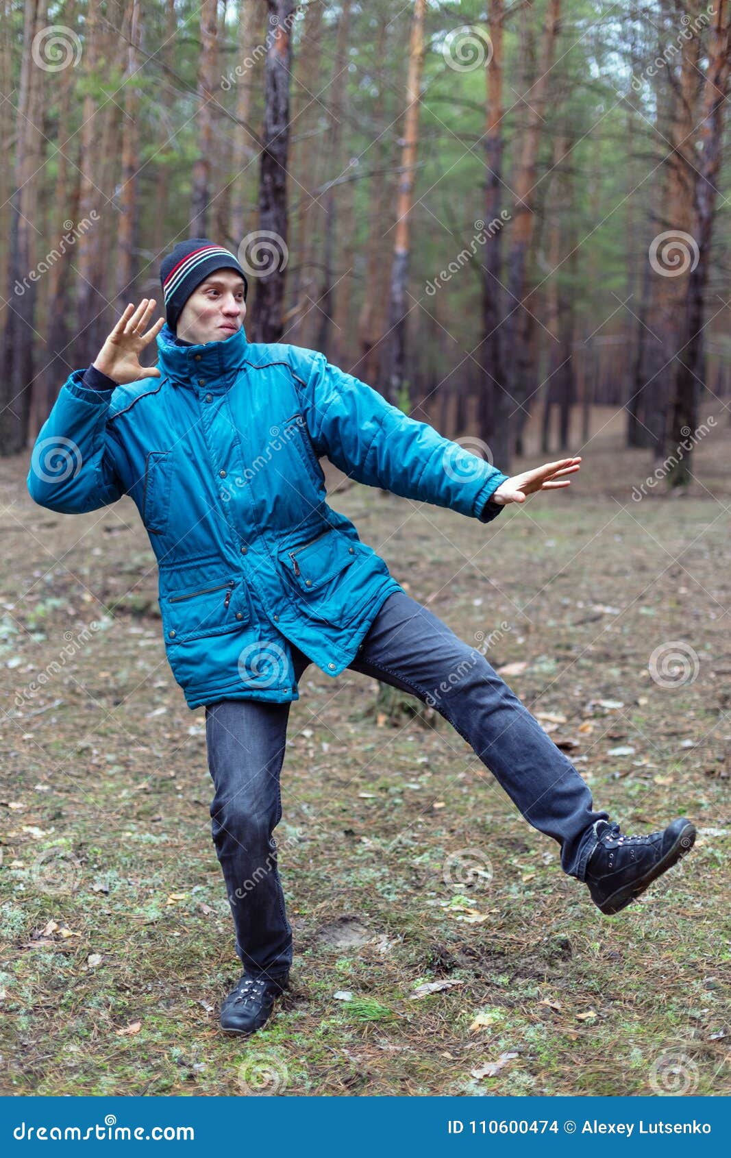 A Rural Guy Posing in a Pine Forest in the Autumn Time. Stock Photo ...