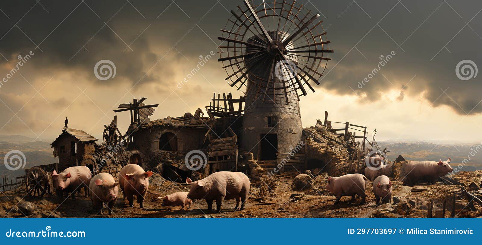 Rural Harmony: Pig Farm with a Majestic Windmill Stock Illustration ...