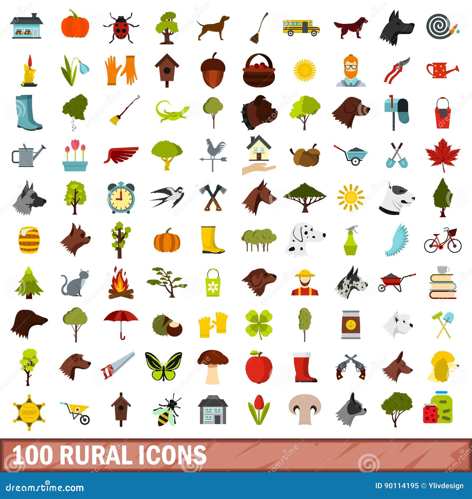 100 Rural Icons Set, Flat Style Stock Vector - Illustration of revolver ...
