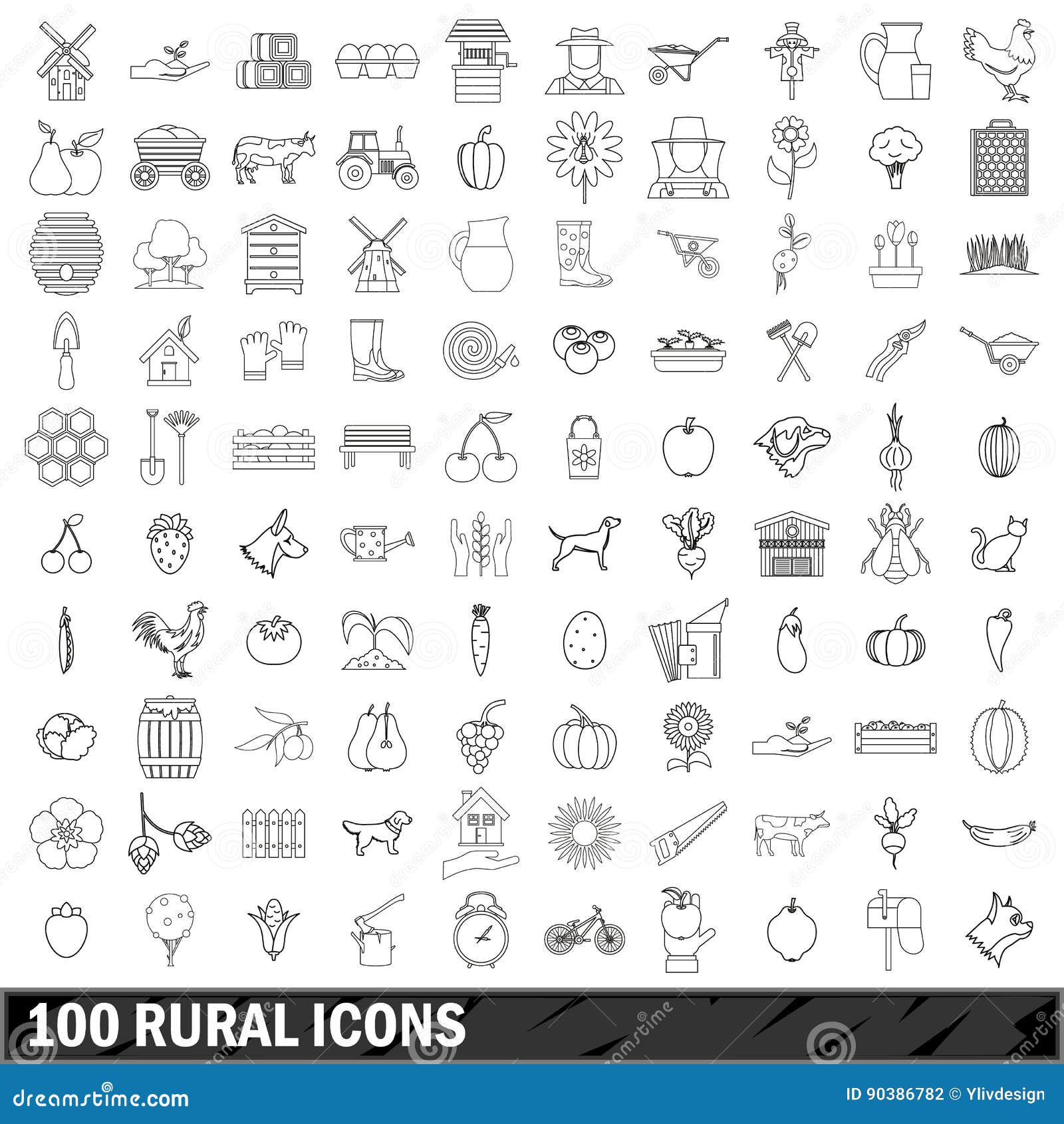 100 Rural Icons Set, Outline Style Stock Vector - Illustration of ...