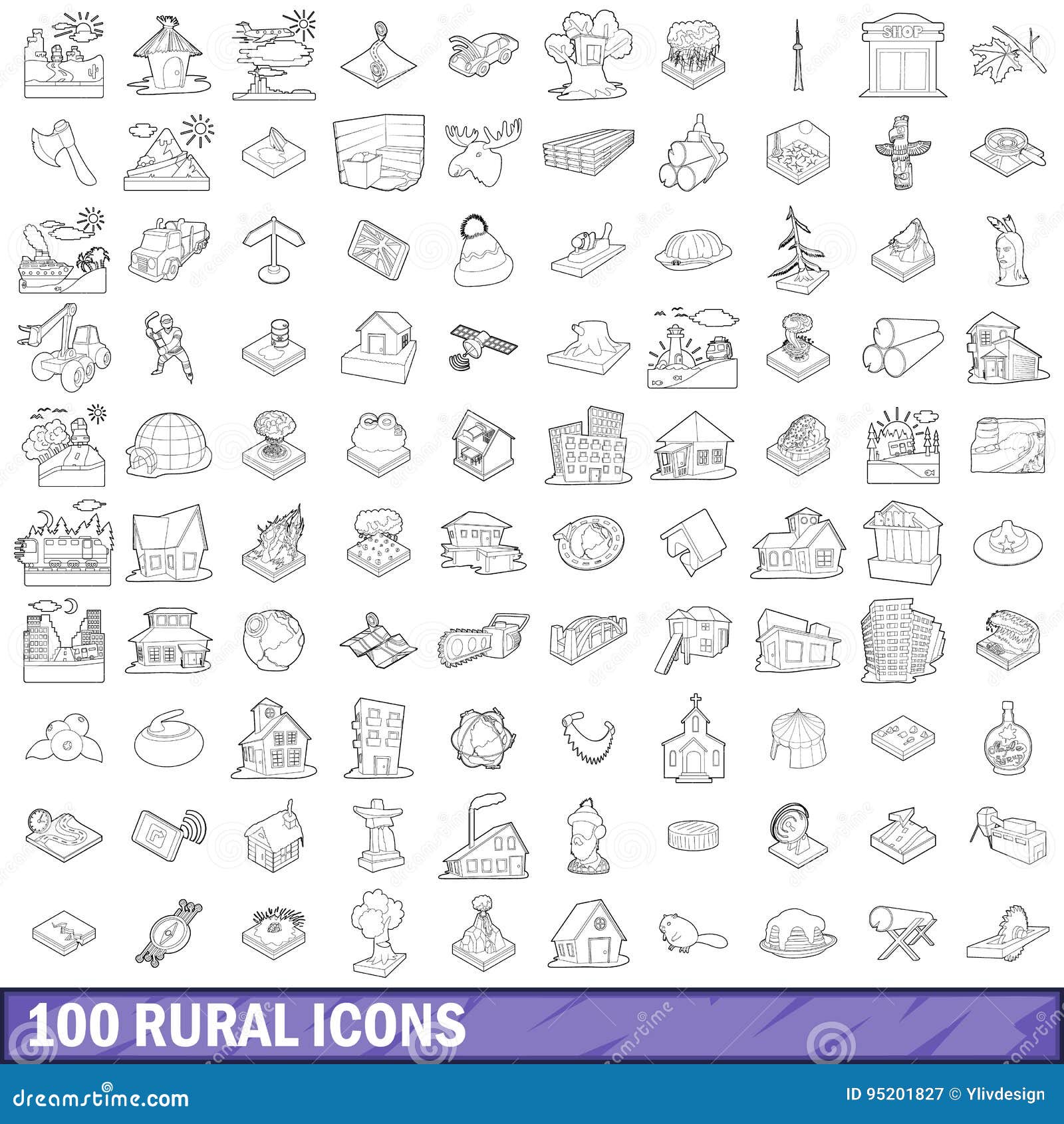 100 Rural Icons Set, Outline Style Stock Vector - Illustration of house ...
