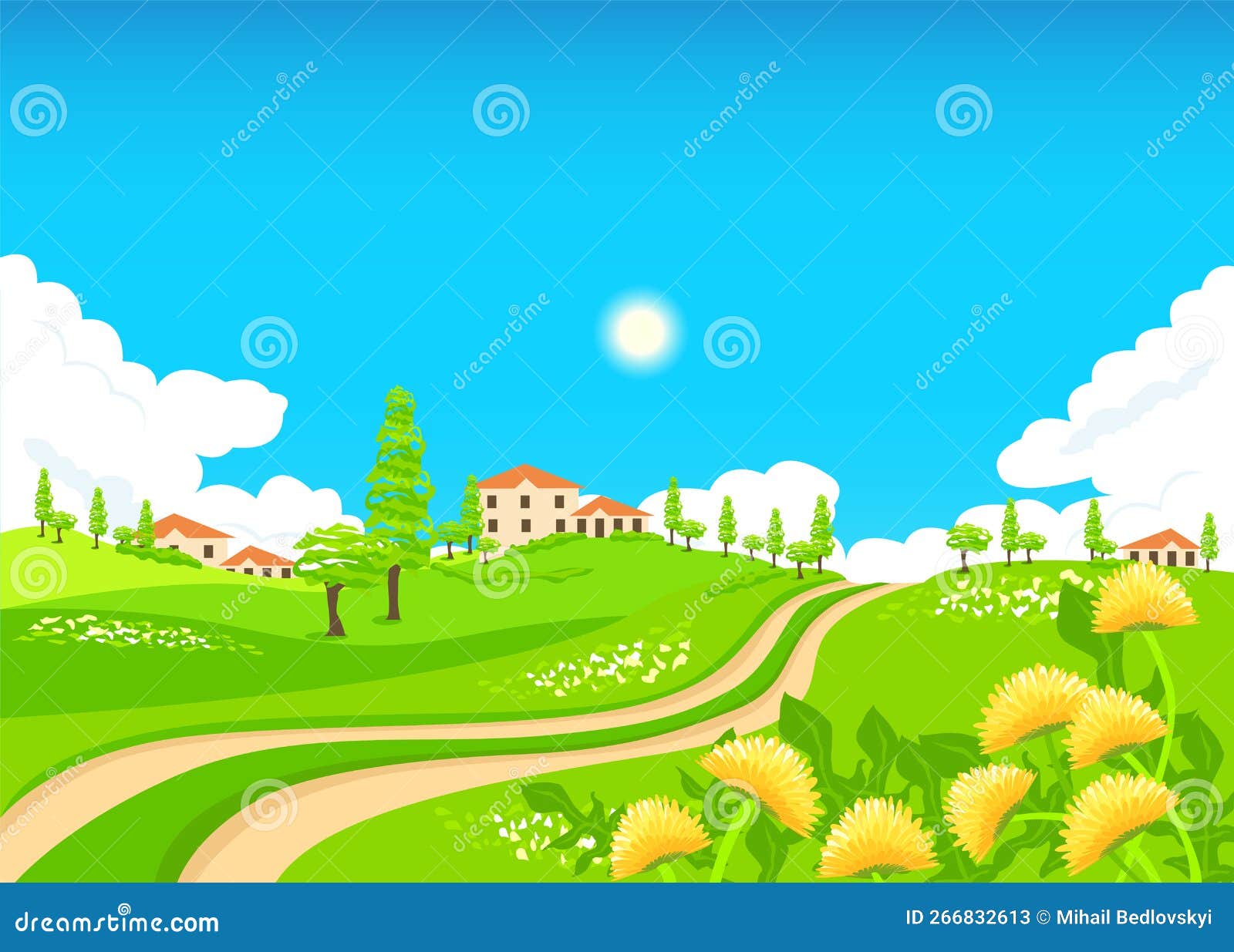 Rural Landscape With Farms And A Country Road Cartoon Vector ...