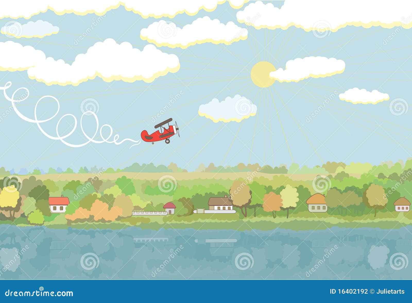 Rural Landscape with Aircraft Stock Vector - Illustration of flower ...