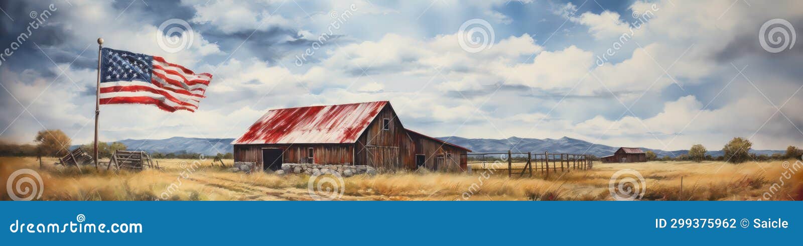Rural Landscape with Barn and American Flag. Generative AI Stock Photo ...