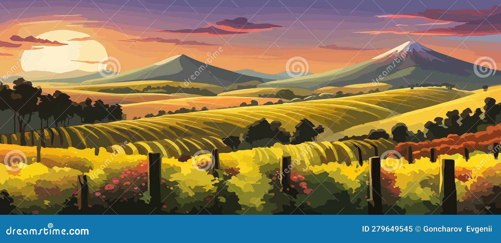 Rural Landscape with a Beautiful View of Distant Fields and Hills Vector Illustration. Stock ...