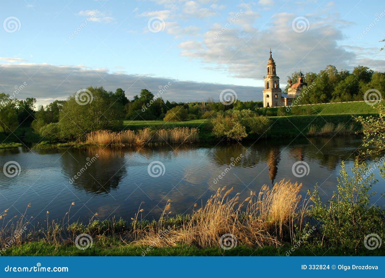 Rural Landscape with Church. Stock Photo - Image of river, ripples: 332824