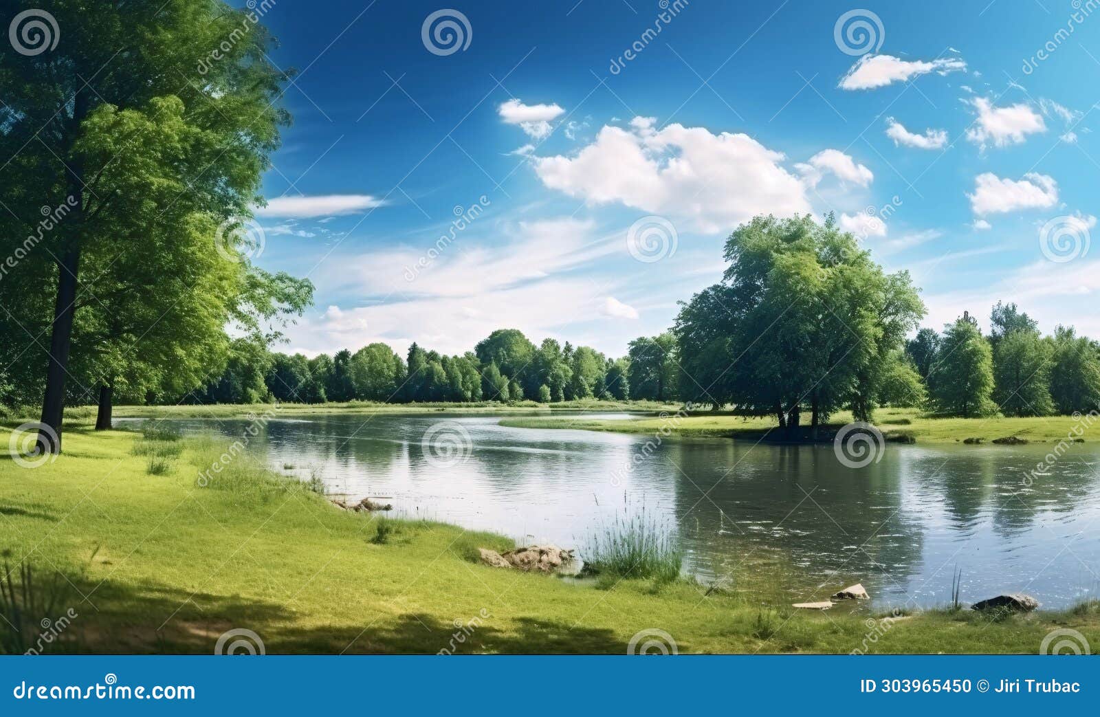 Rural Landscape with Flowing River Picturesque Grass Meadows and Trees ...