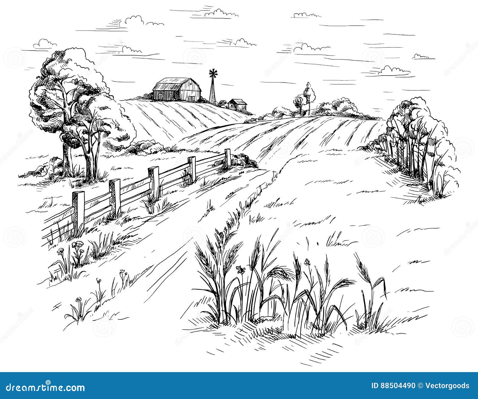 Rural Landscape With Sunrise. Sketch Hand Drawn Vector Illustration ...