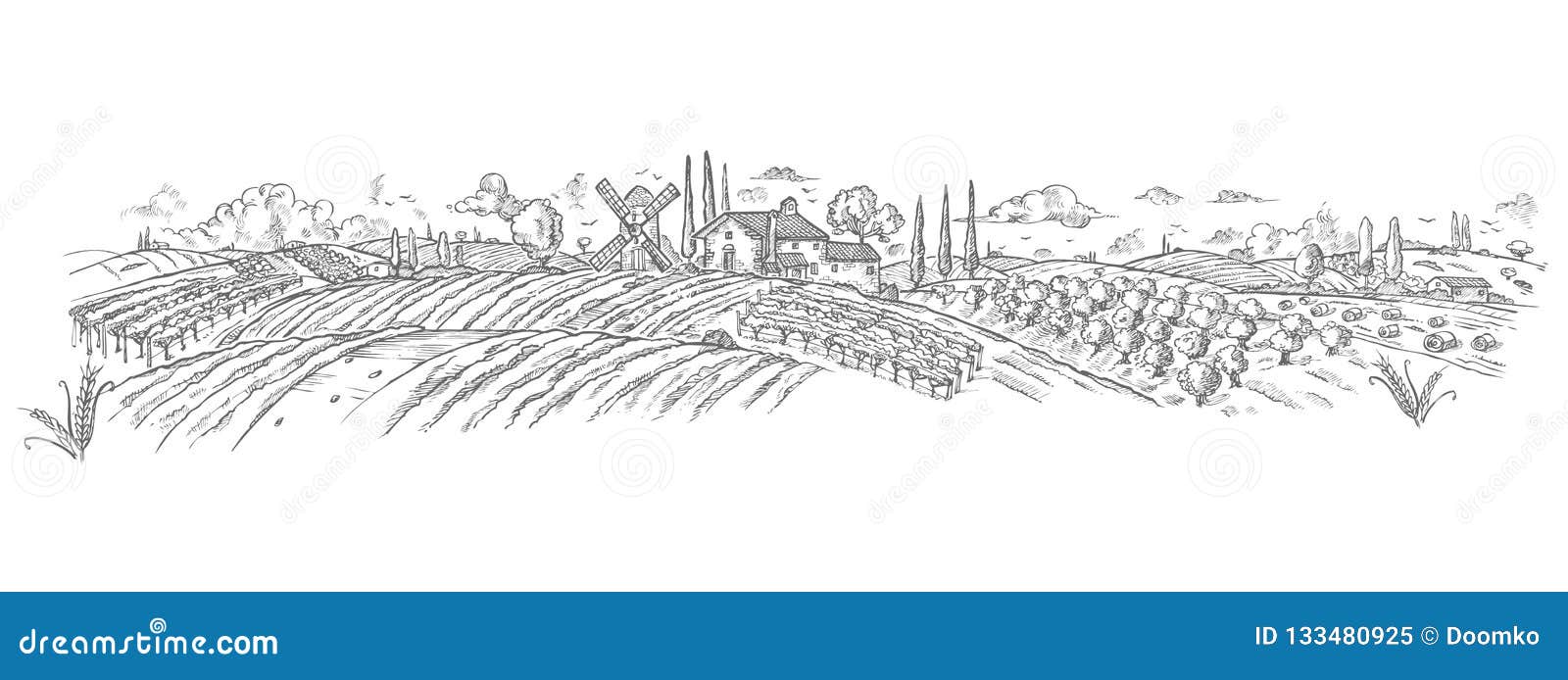 Rural Landscape Hand Drawn with Plant. Vector Illustration Stock Vector ...