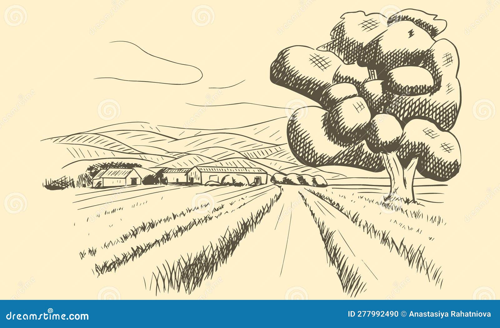 Rural Landscape Hand Drawn Sketch Vector Illustration Stock ...