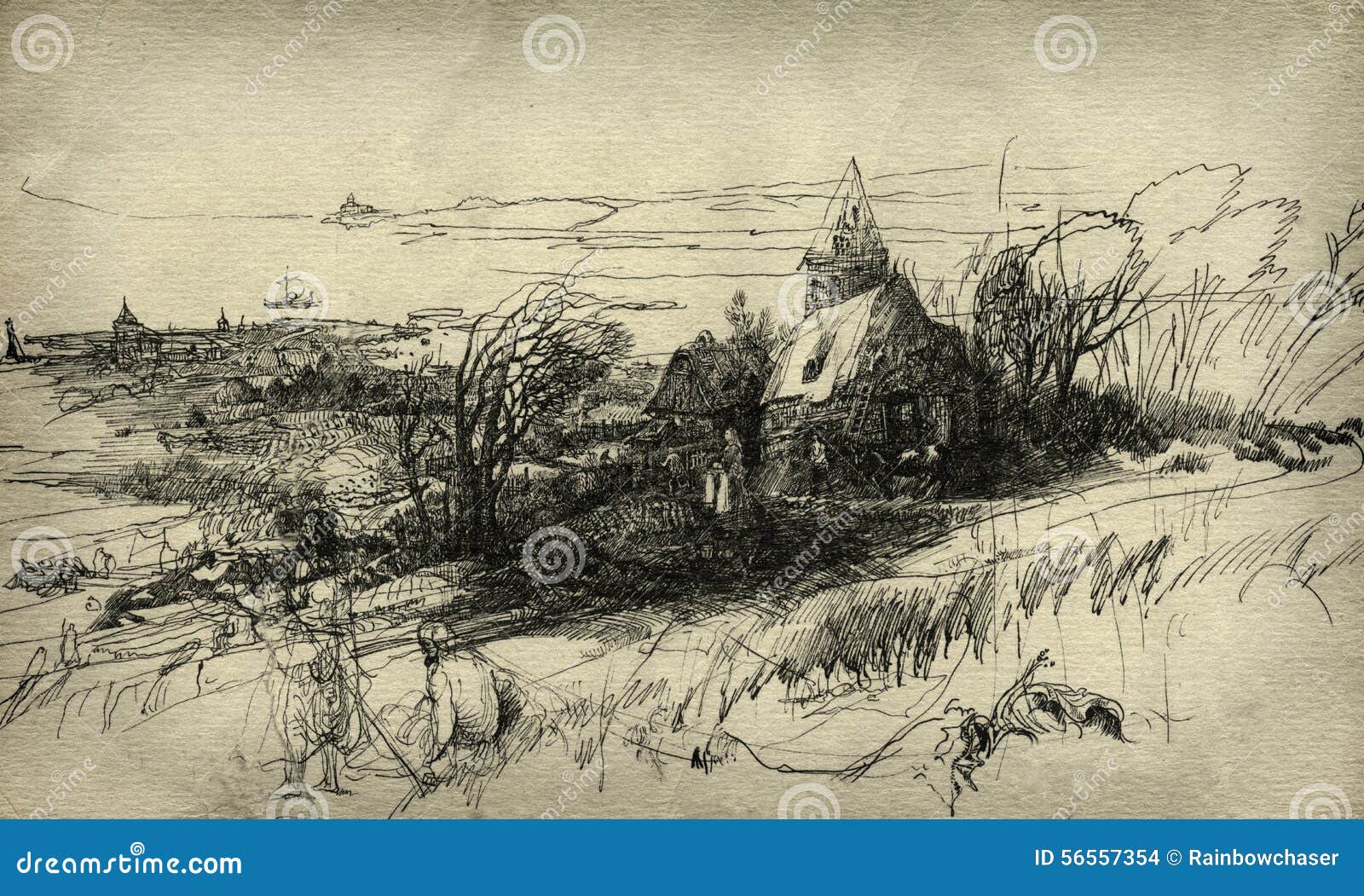 Rural landscape stock illustration. Illustration of paper - 56557354