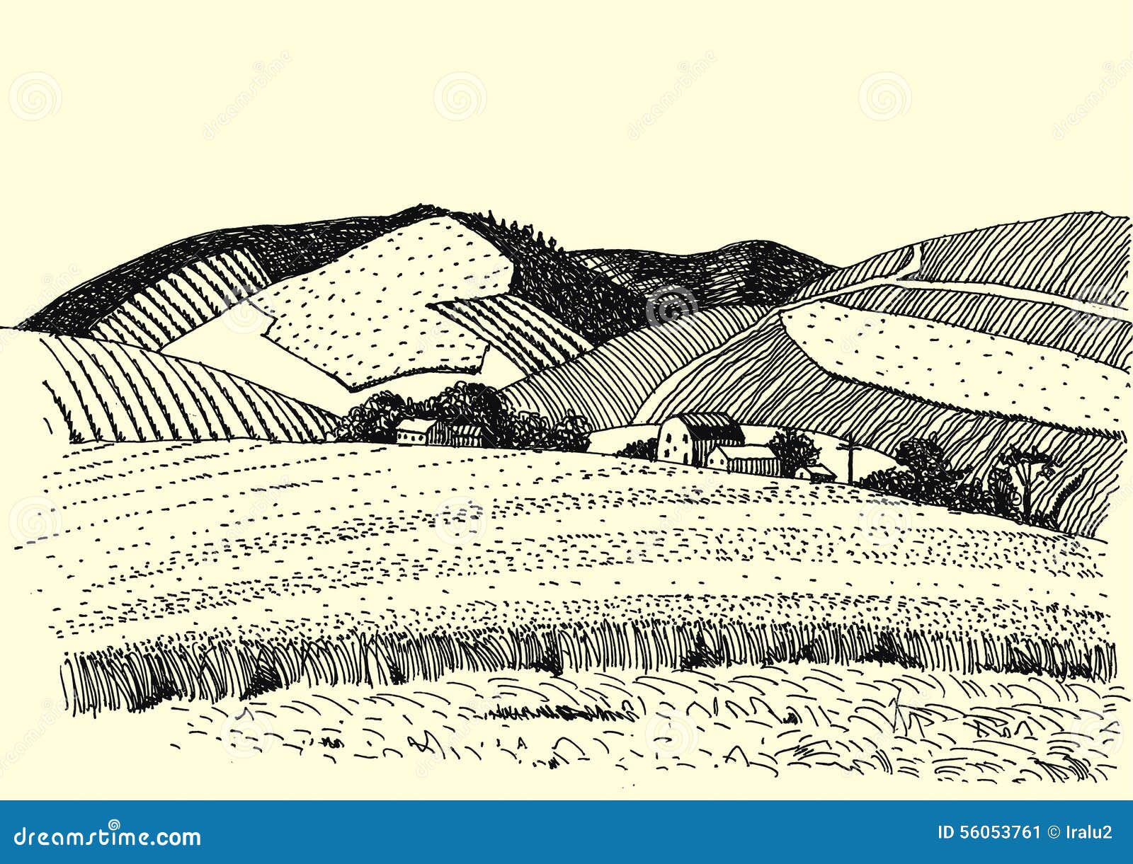 Rural Landscape Ink Pen Picture - Vector Stock Vector - Illustration of ...