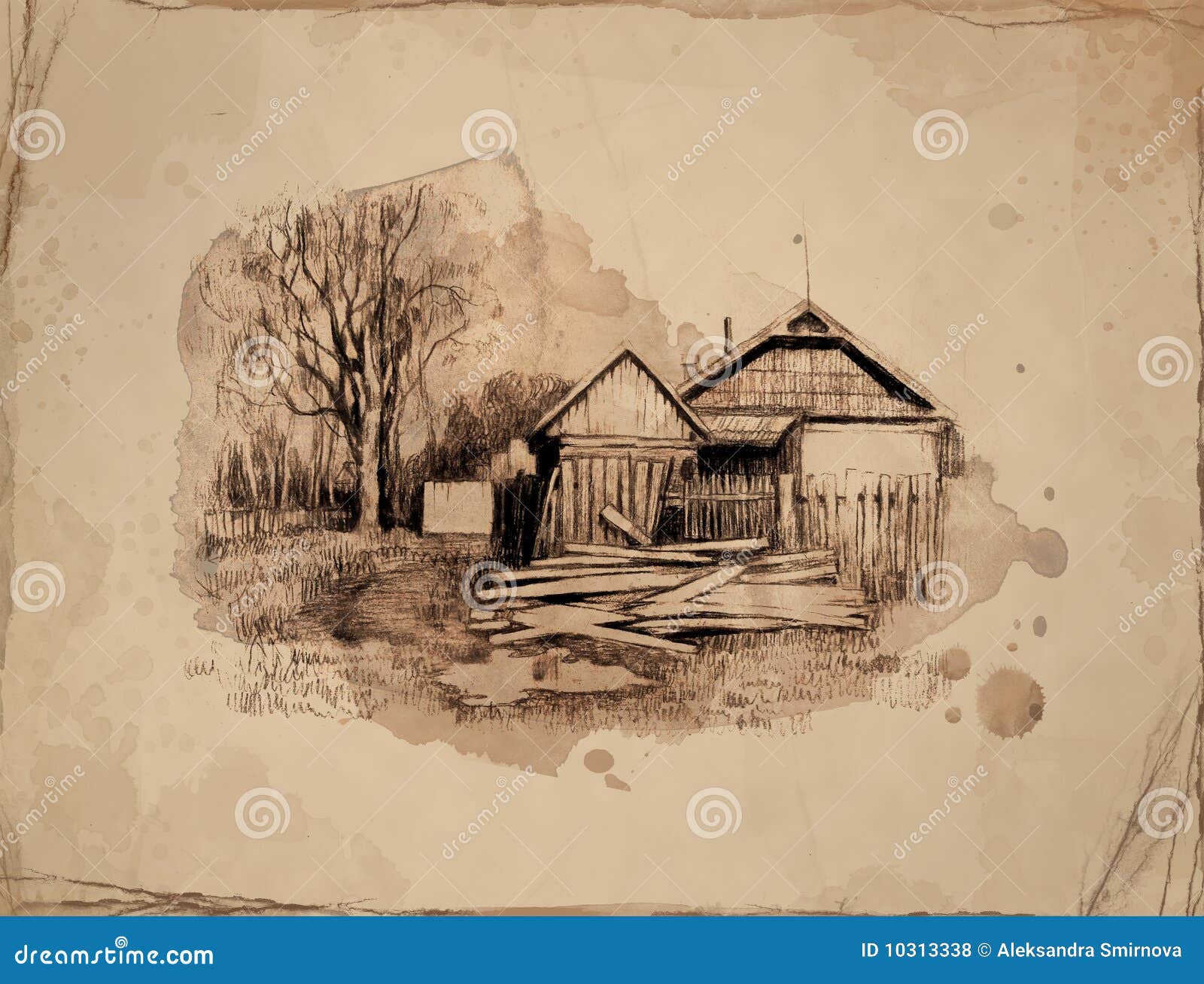 Rural Landscape with Old House. Stock Illustration - Illustration of ...