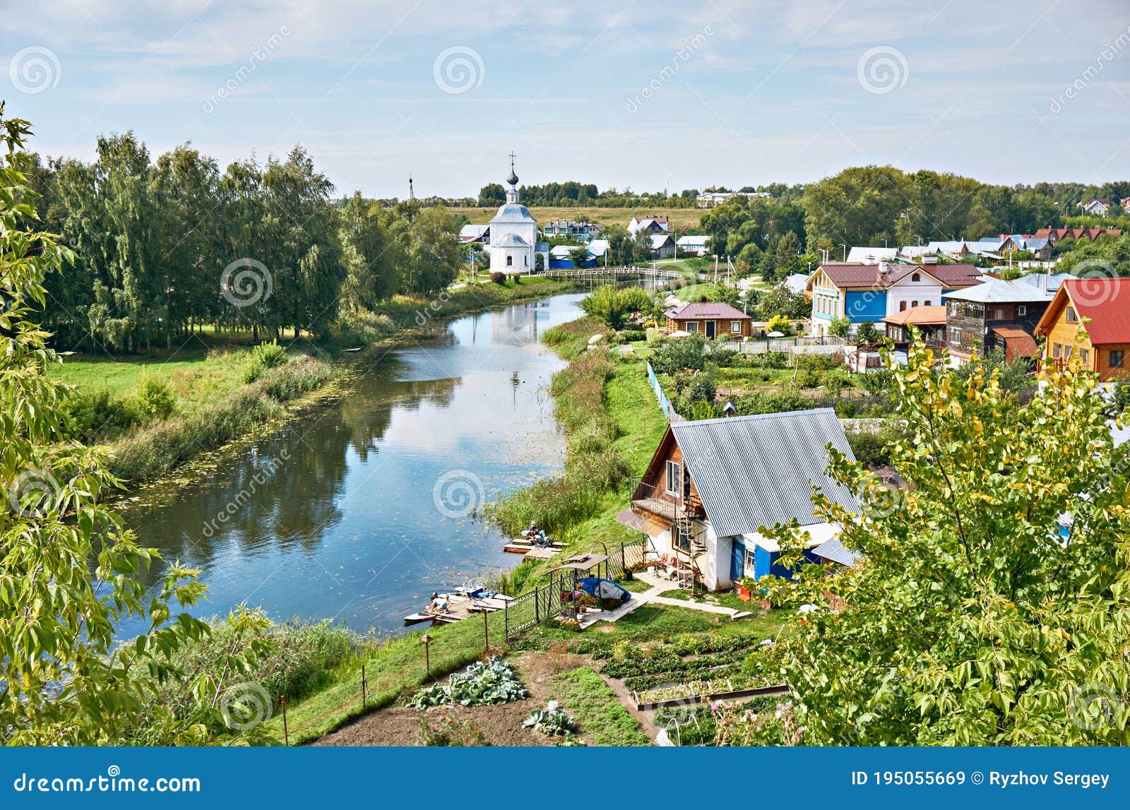 Rural landscape with river stock image. Image of church - 195055669