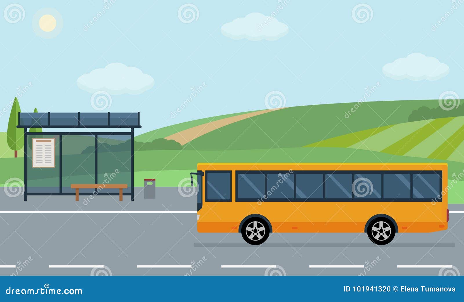 Rural Landscape with Road, Bus Stop and Moving Bus. Stock Vector ...